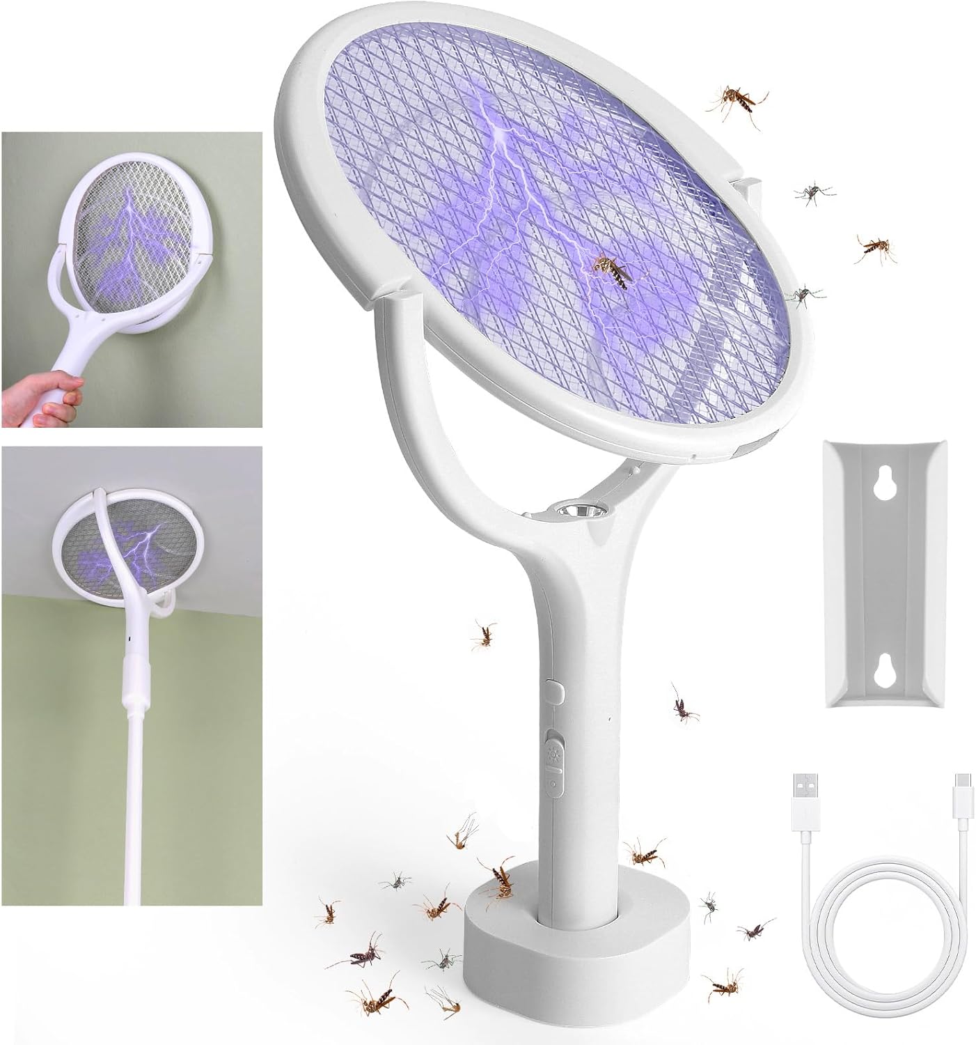 Matamoscas eléctrico de 3500 V con cabezal giratorio, recargable por ...