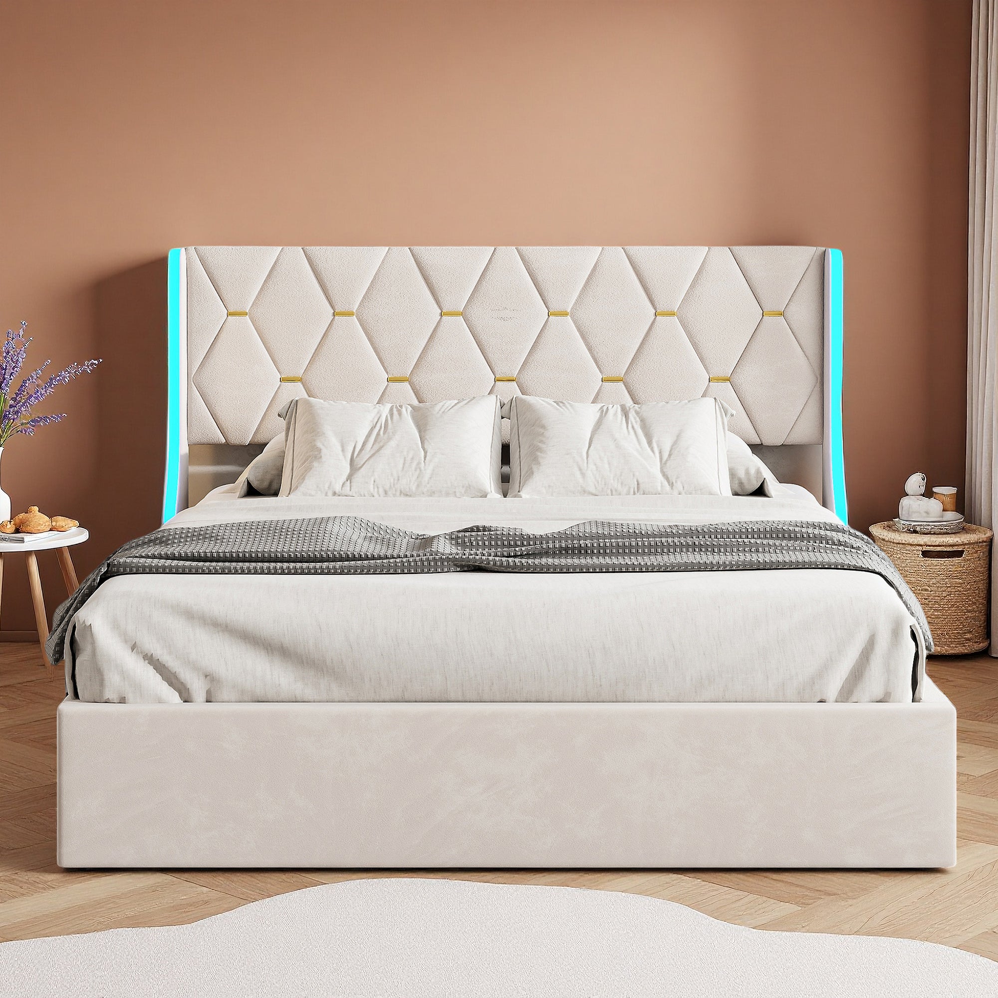 Lit coffre 140x190 cm avec LED, cadre de lit double avec sommier à ...