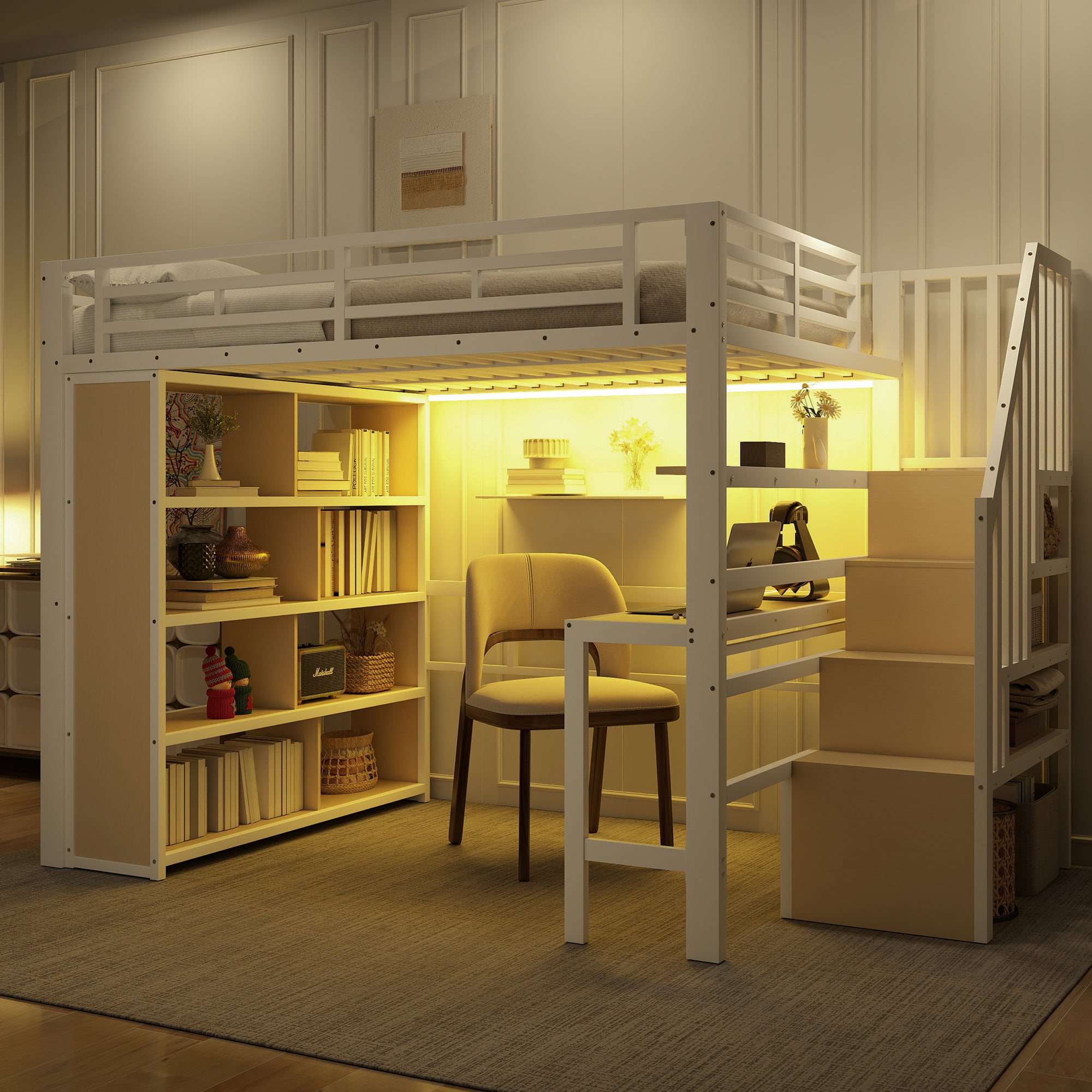 Lit mezzanine 140 x 200 cm avec bureau, bibliothèque et étagères ...