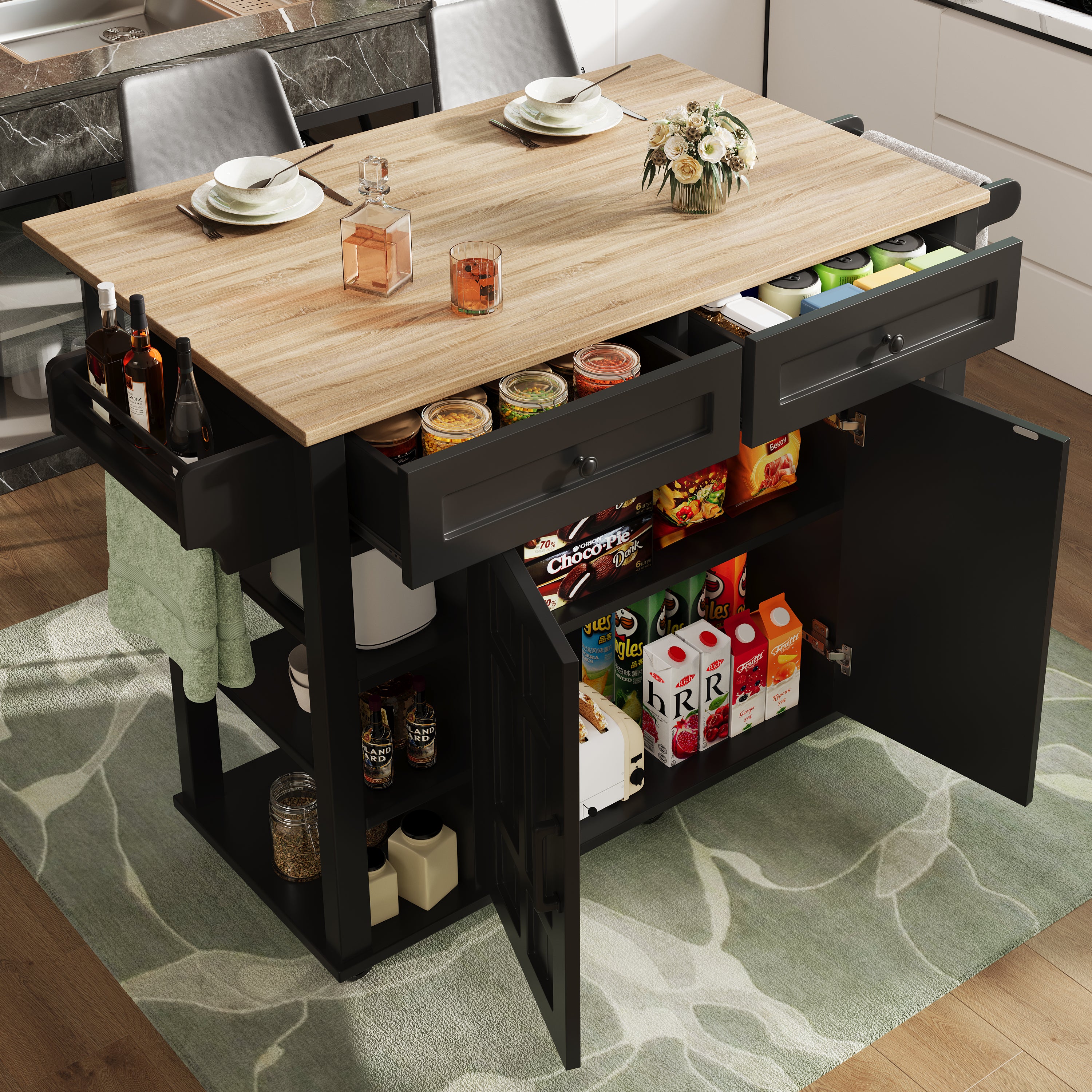 Isla de cocina móvil con 2 puertas, 2 cajones y estantes laterales de ...