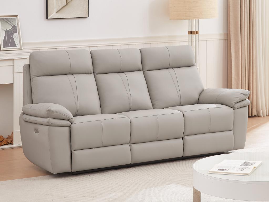 Canapé 3 places relax électrique en cuir gris clair MESOLA | Leroy Merlin
