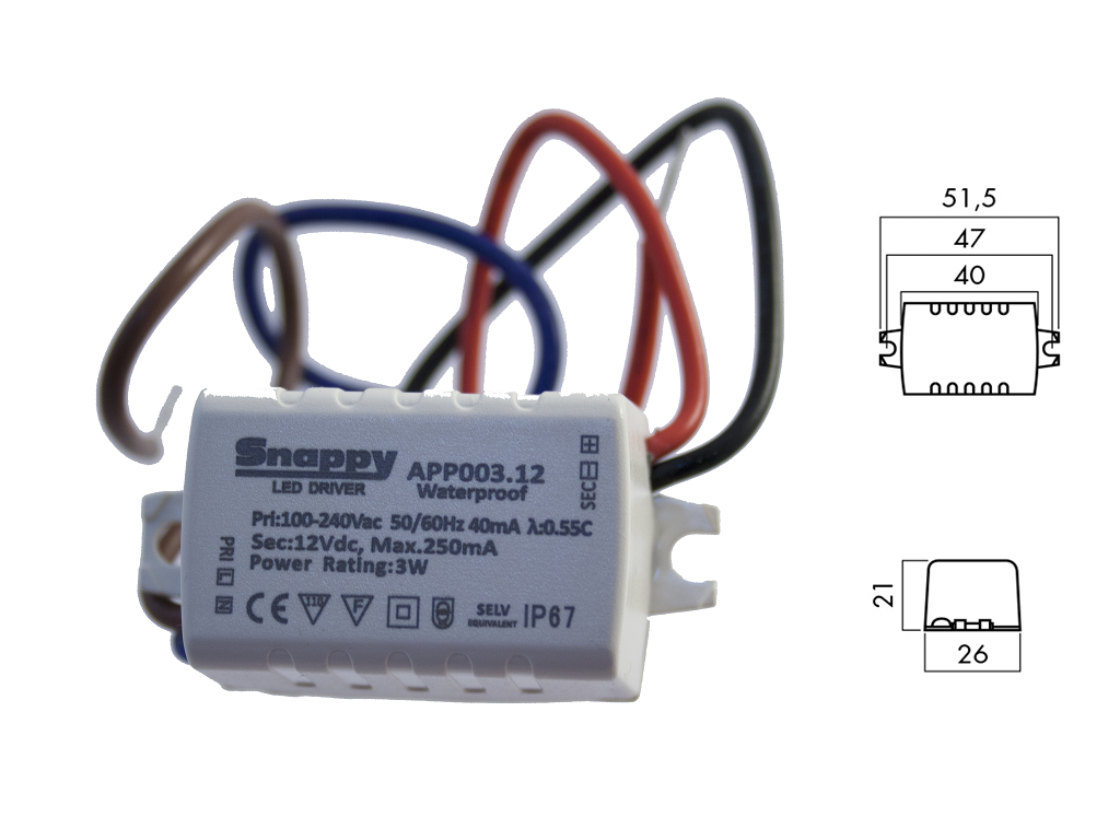 Alimentatore Led in Tensione Snappy IP67 250v-12vdc 3w 800ma | Dogi ...