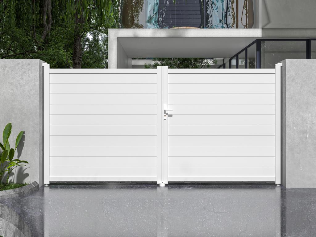 Portón eléctrico batiente de aluminio Ancho 355 x Alt. 181 cm blanco ...