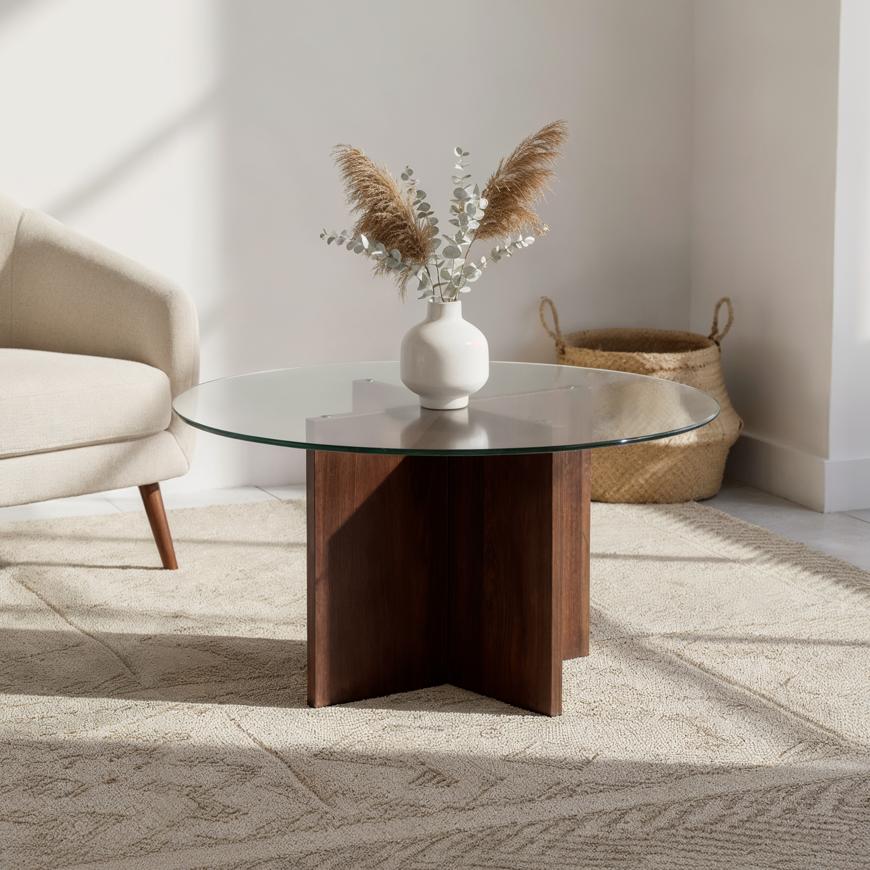 Mesa de centro moderna GIULIA en cristal transparente y nogal | Leroy ...