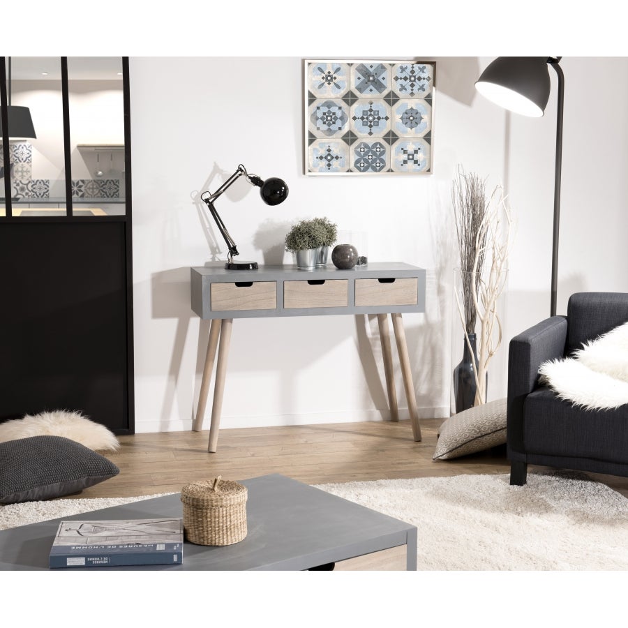MARTIN - Console grise 3 tiroirs beiges bois Pin | Leroy Merlin