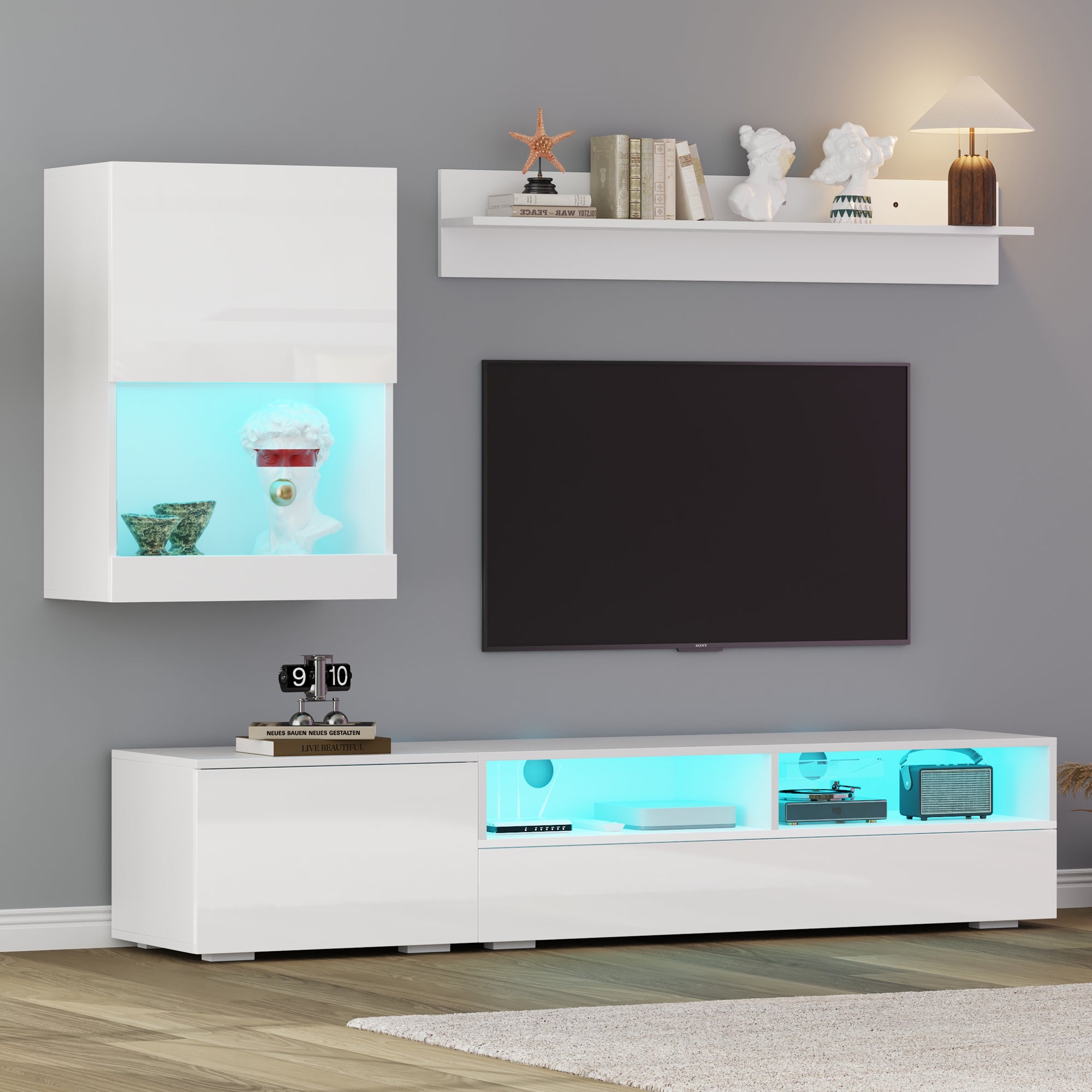 Ensemble meuble TV mural avec vitrine et LED pour écran 80 pouces ...