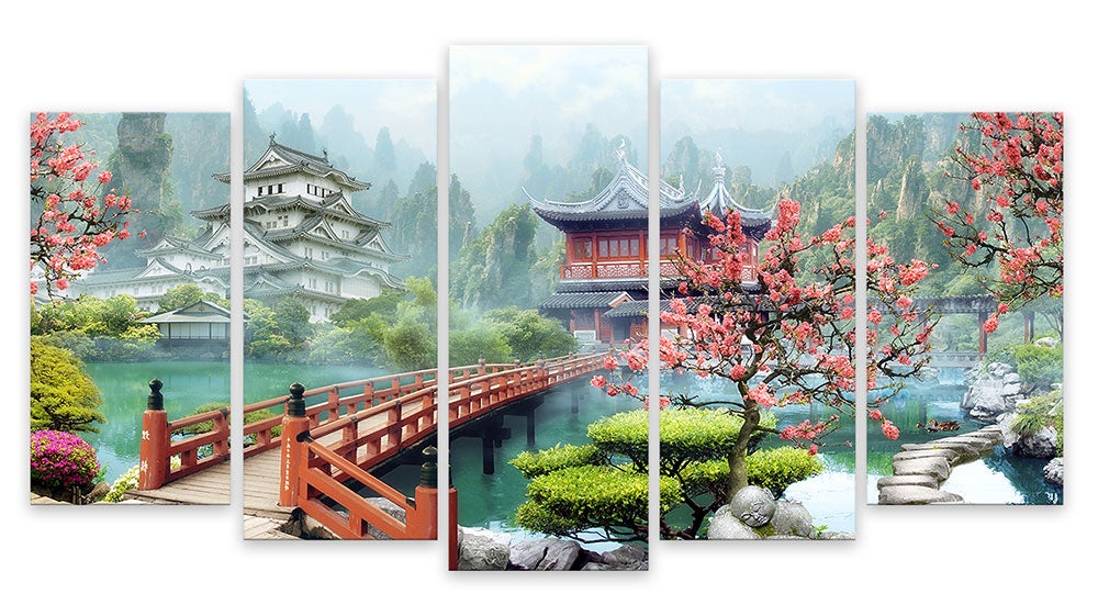 Tableau 5 parties paysage illustré temple bouddhiste - 150x80 cm ...