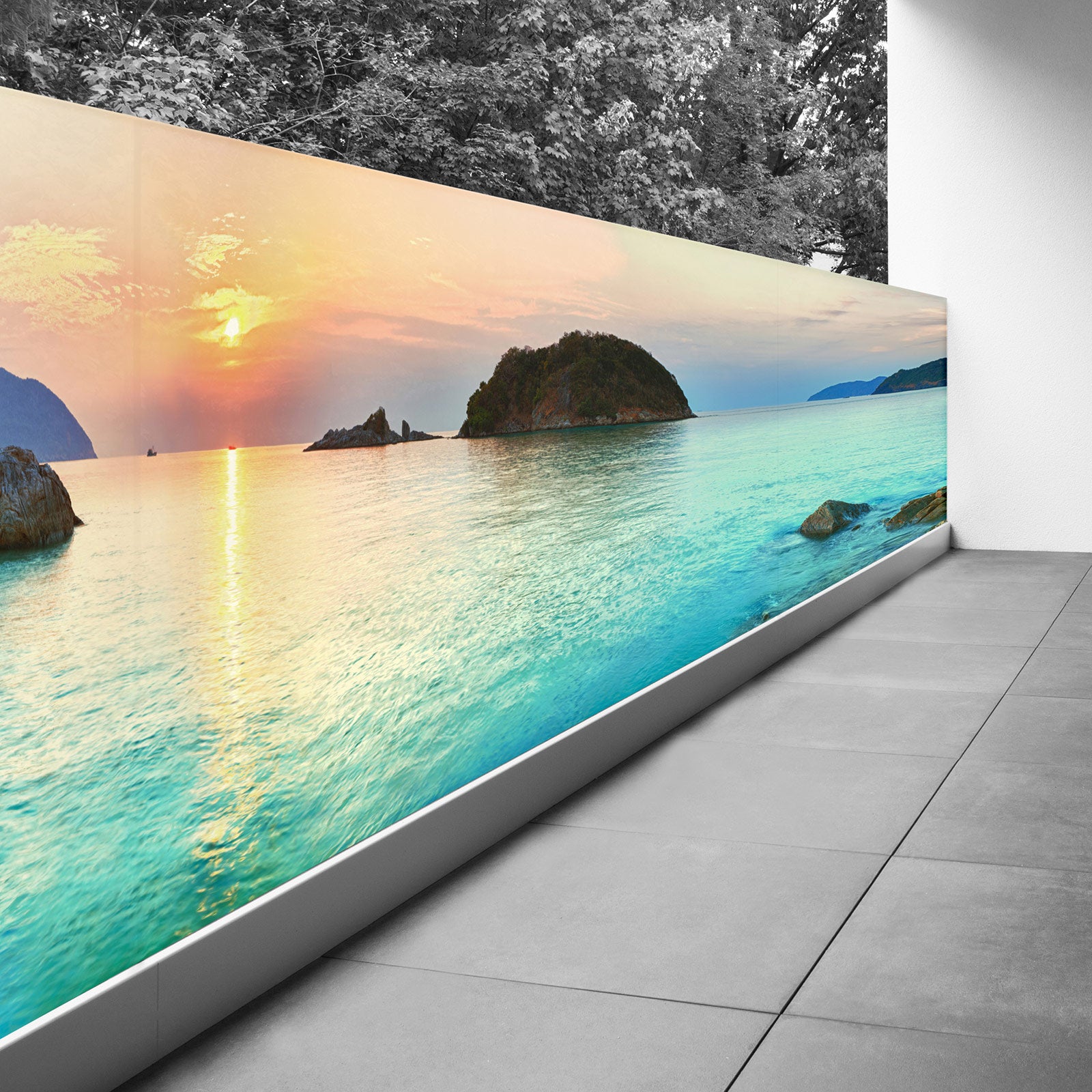 Brise vue Trompe l'oeil - 120x510 cm - Couché de soleil - Bâche 80% d ...