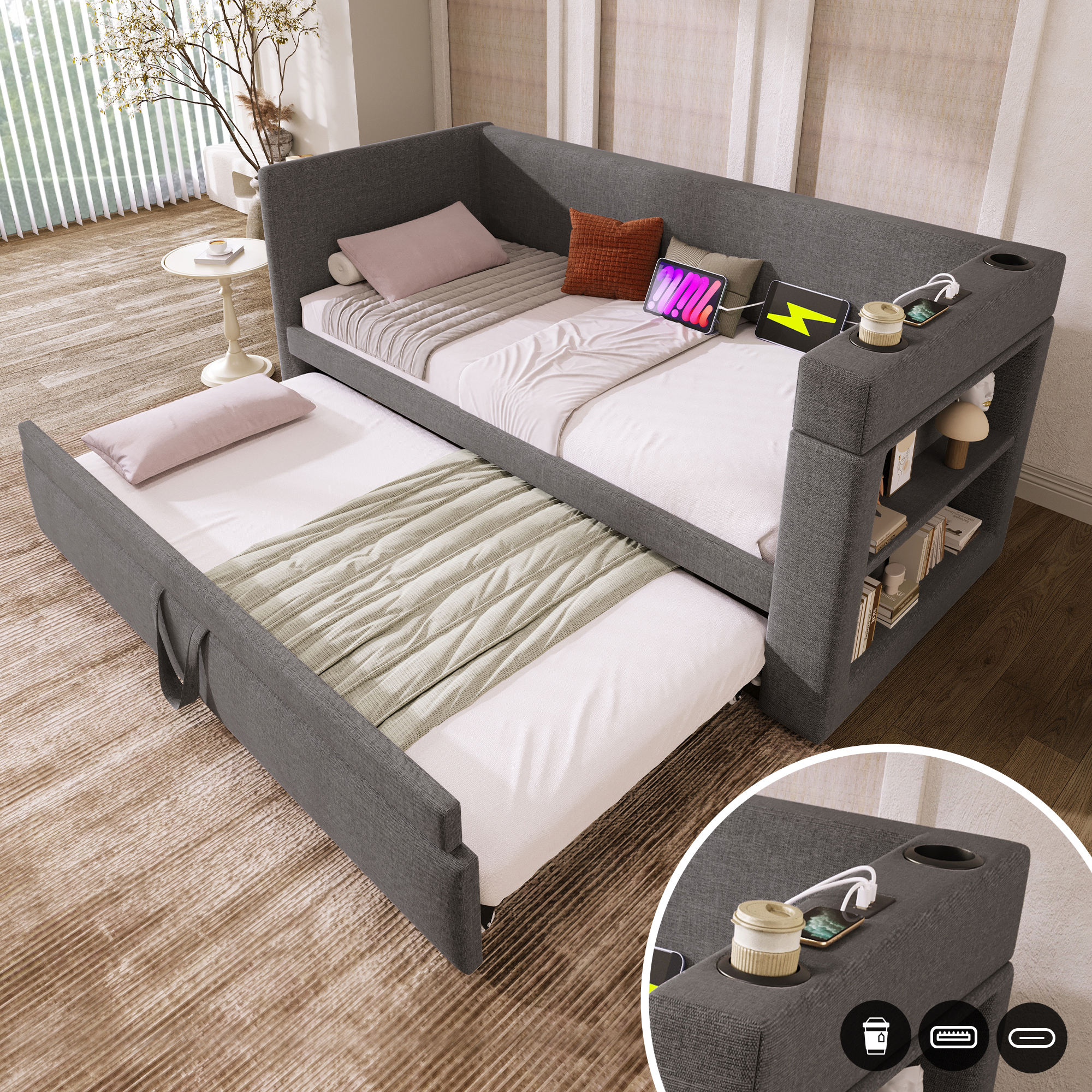Cama nido extensible 90x190 cm con USB, Type-C, portavasos, somier de ...