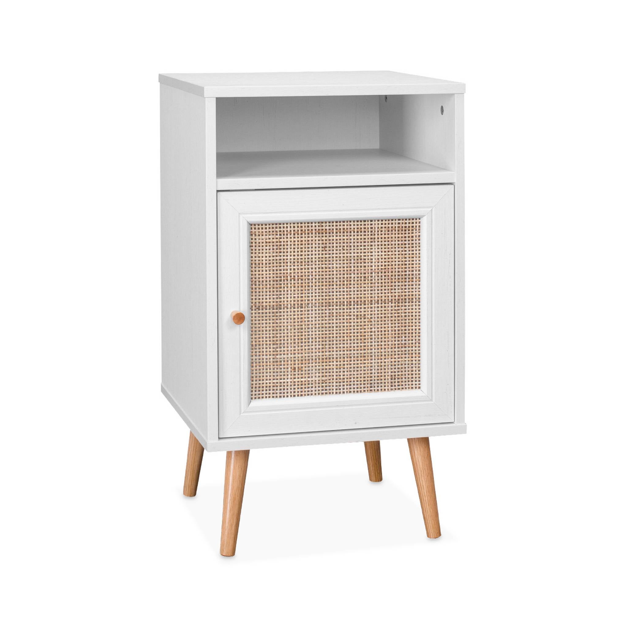 Table de chevet décor bois blanc en cannage - Bohème - 40x39x70cm. blanc - 2 niveaux - 1 porte ...