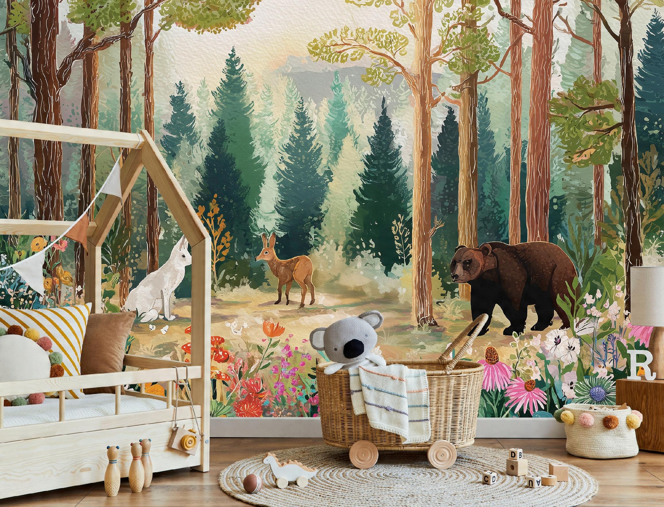 Papier Peint Enfants Animaux Forêt Vert Panoramique Intissé Pour ...