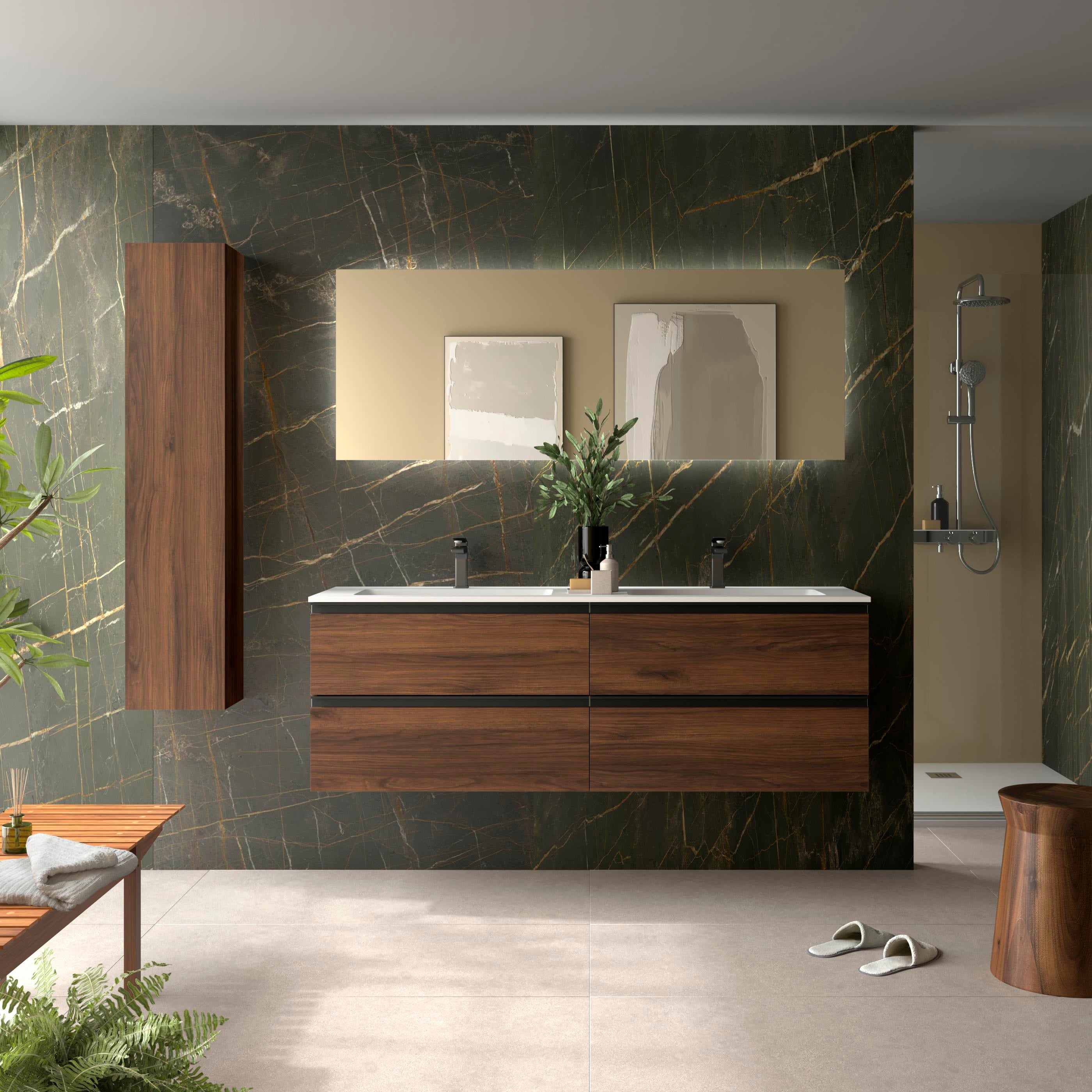 Mueble de Baño BEQUIA METAL 160cm Nogal | Lavabo Vilna Solid Surface | Leroy Merlin