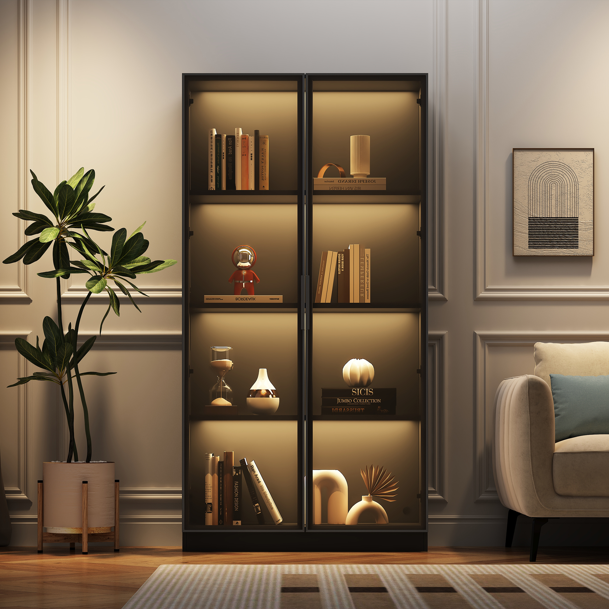 Vitrina con 2 puertas de cristal - 80 x 40 x 160 cm - LED y estantes ...