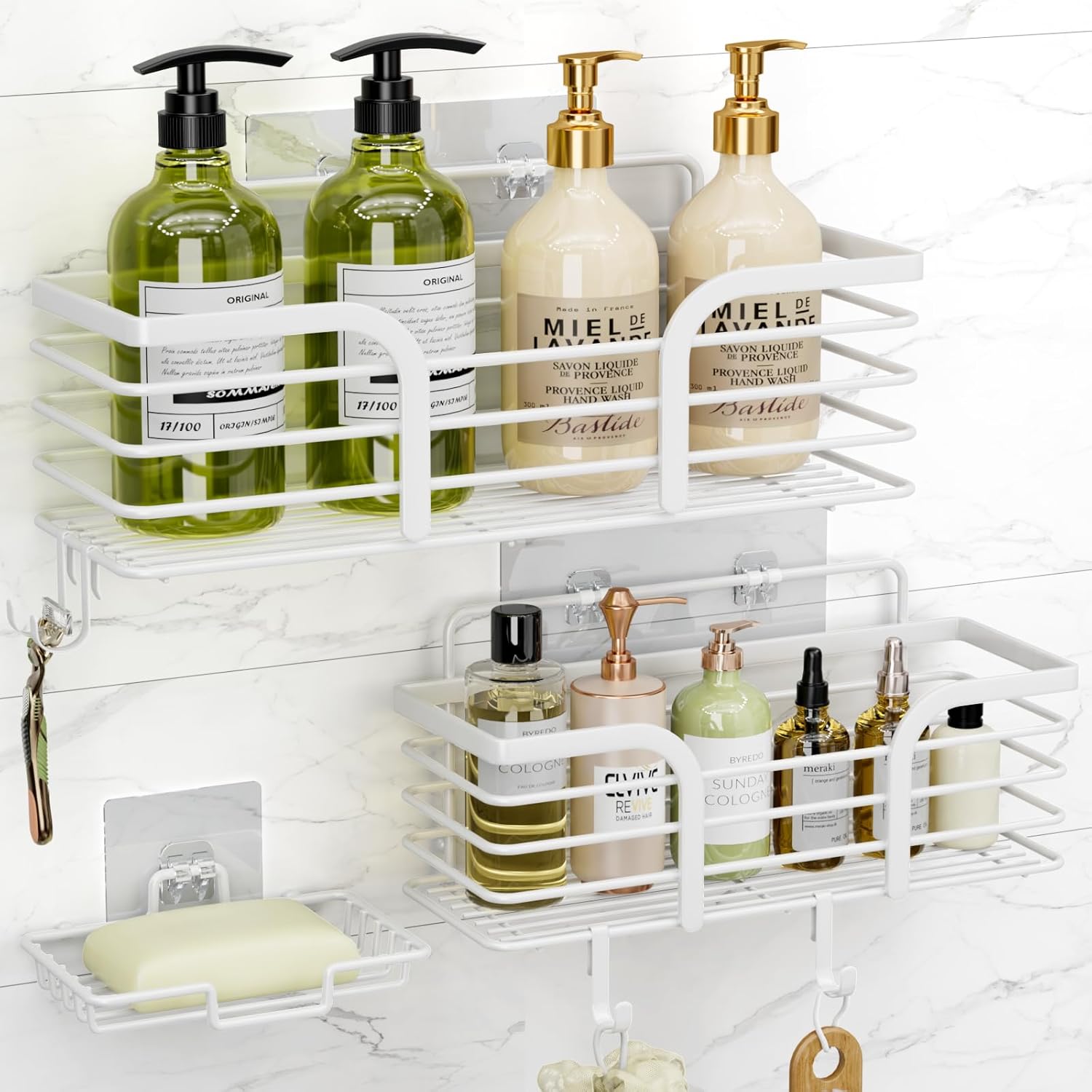 Estante de ducha adhesivo con jabonera y 4 ganchos, inoxidable, sin ...