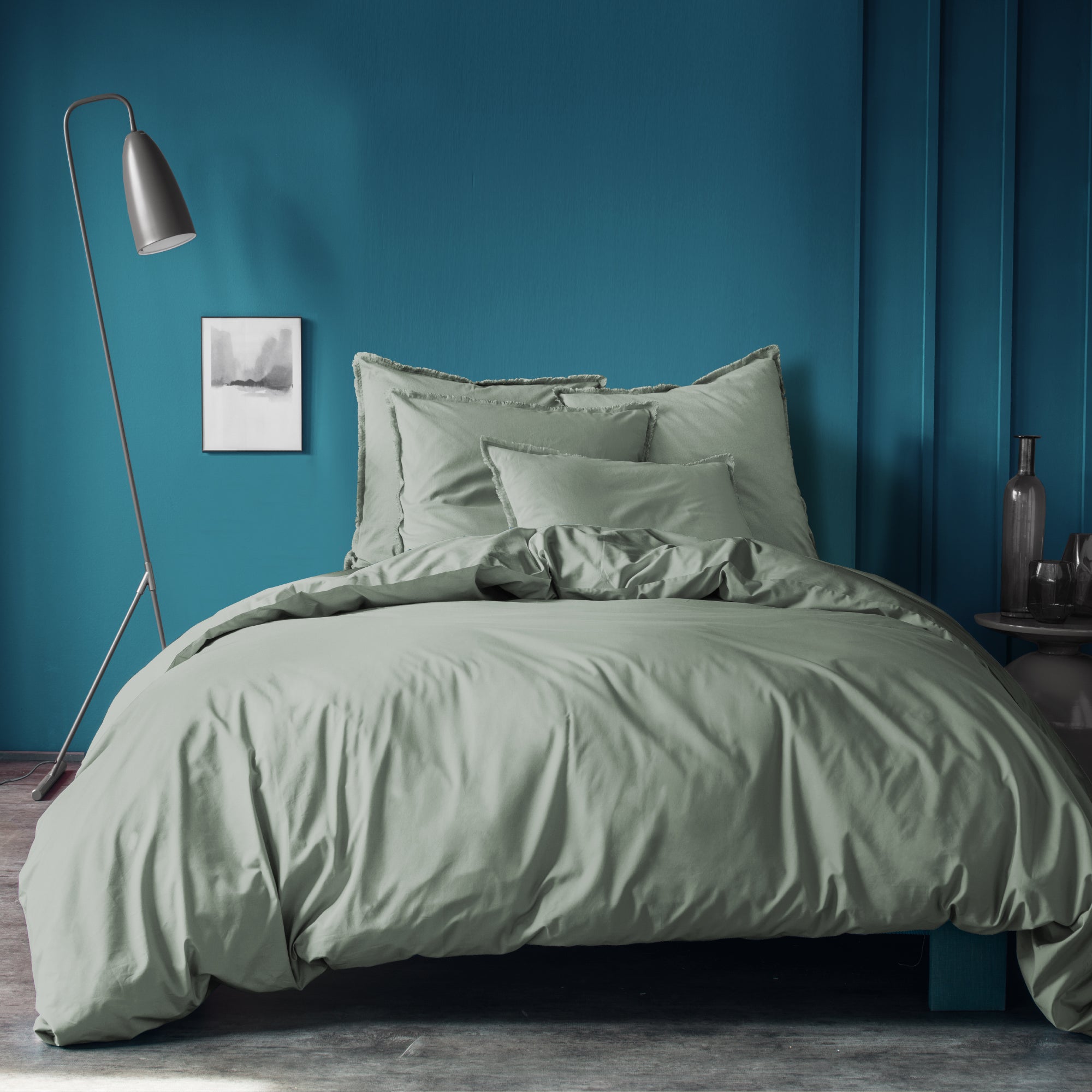 Parure de lit unie en coton taies carrées à franges, COTON LAVÉ | Leroy ...