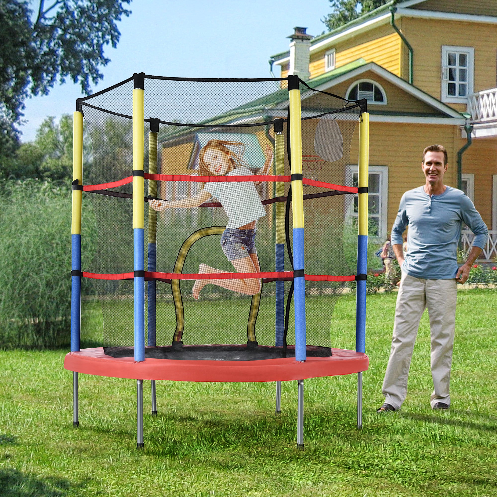Trampoline Enfant avec Panier de Basket 140x164 cm Intérieur Extérieur ...