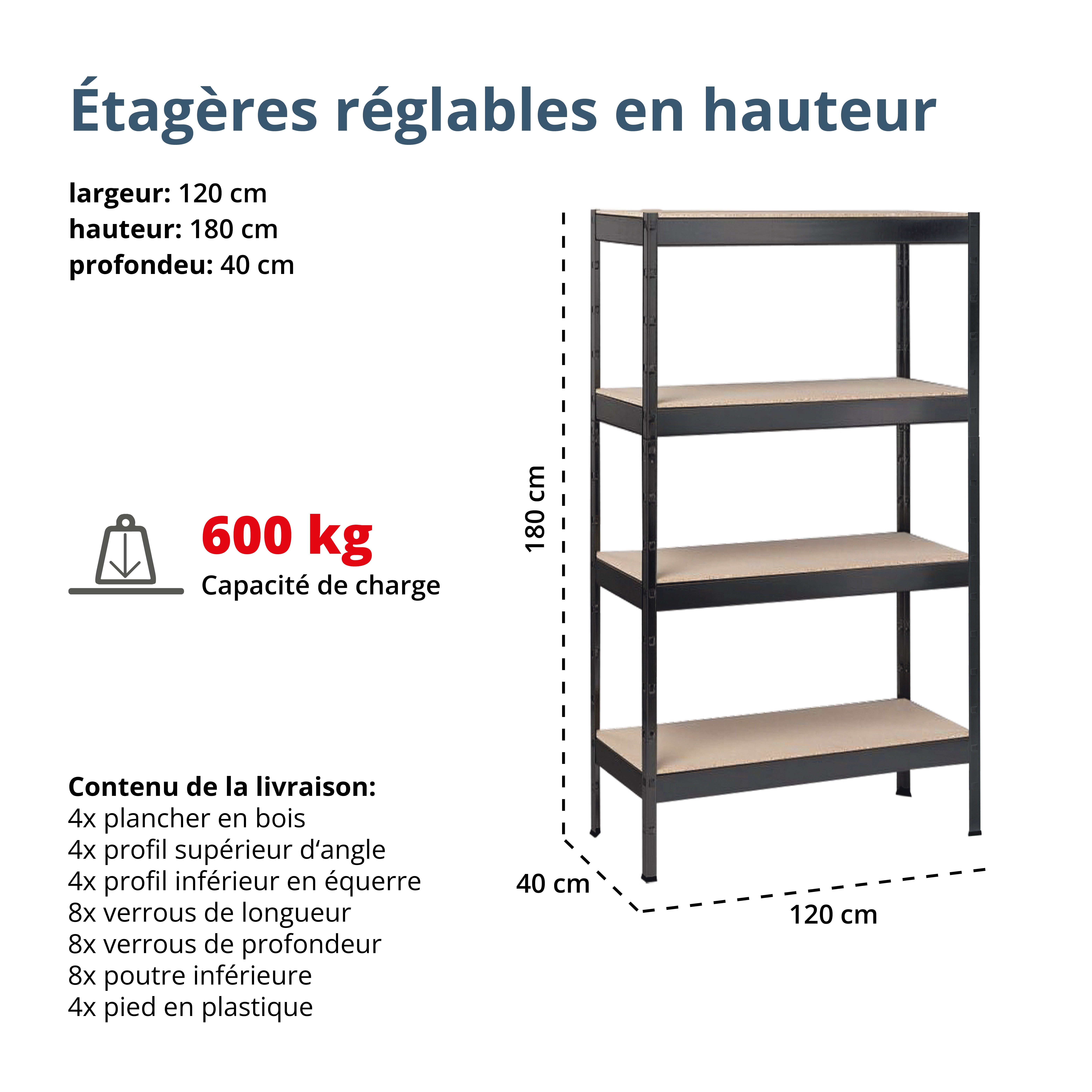 Étagère pour charges lourdes avec 4 étagères en bois, 180x120x40 cm ...