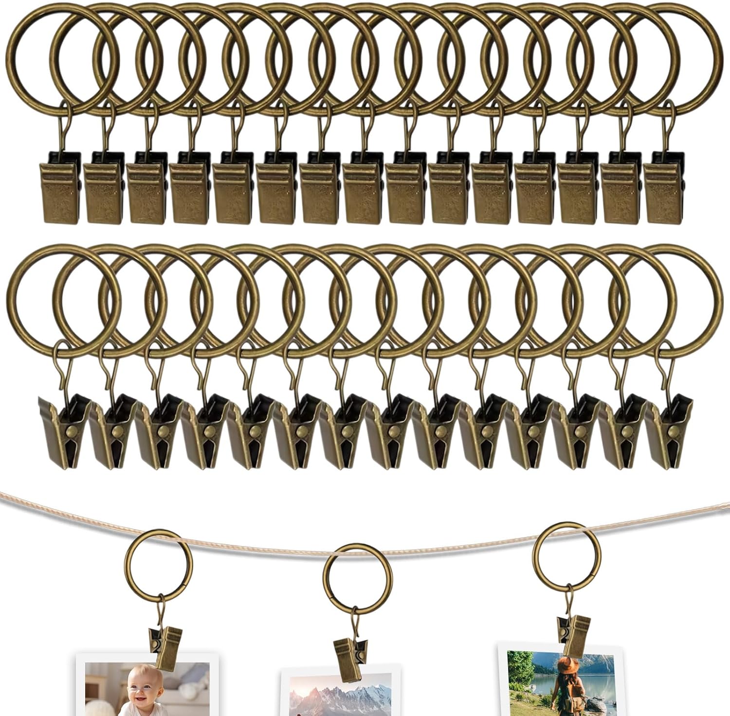 30 anneaux de rideaux avec clips métalliques, résistants à la rouille ...