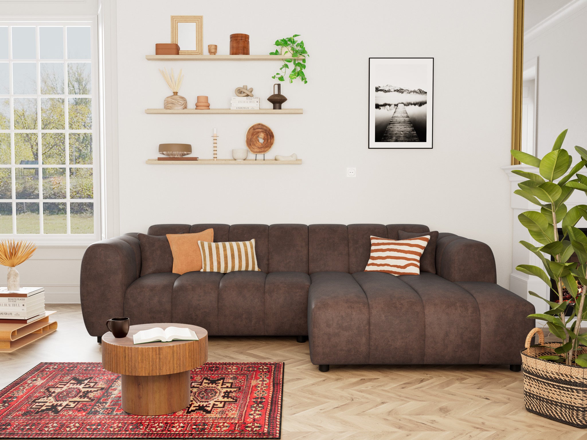 Canapé d'angle droit 4 places en simili marron | Leroy Merlin