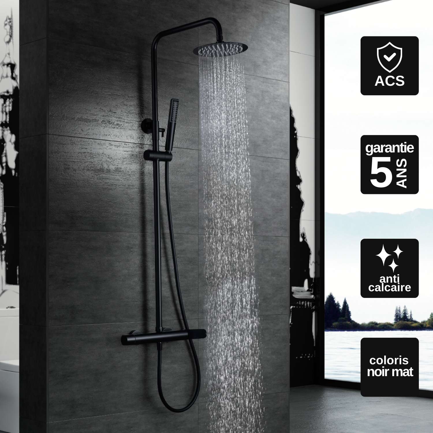 Colonne de Douche Anti-Calcaire Noir Mat - Modèle DINAMARCA BDR031/NG ...