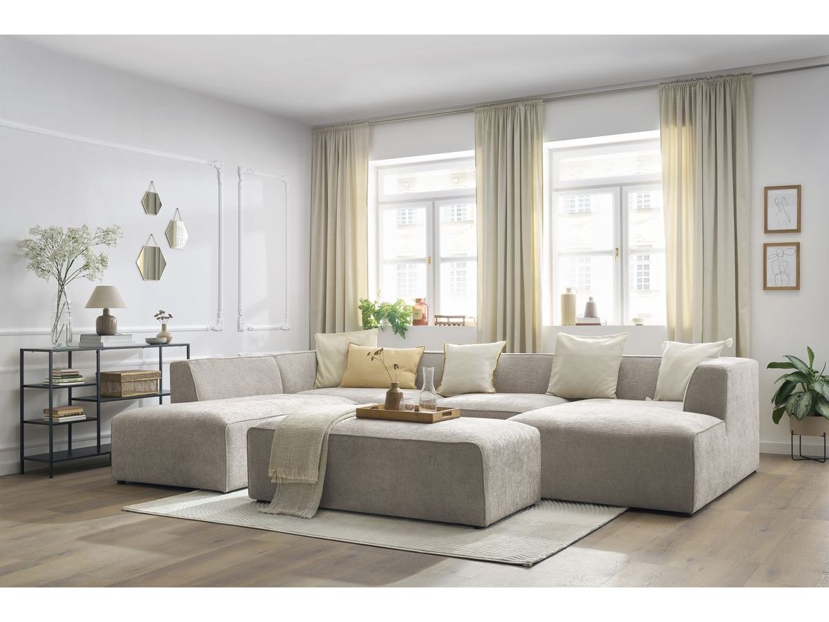 BOBOCHIC Canapé panoramique fixe MEGEVE avec pouf tissu texturé Beige ...