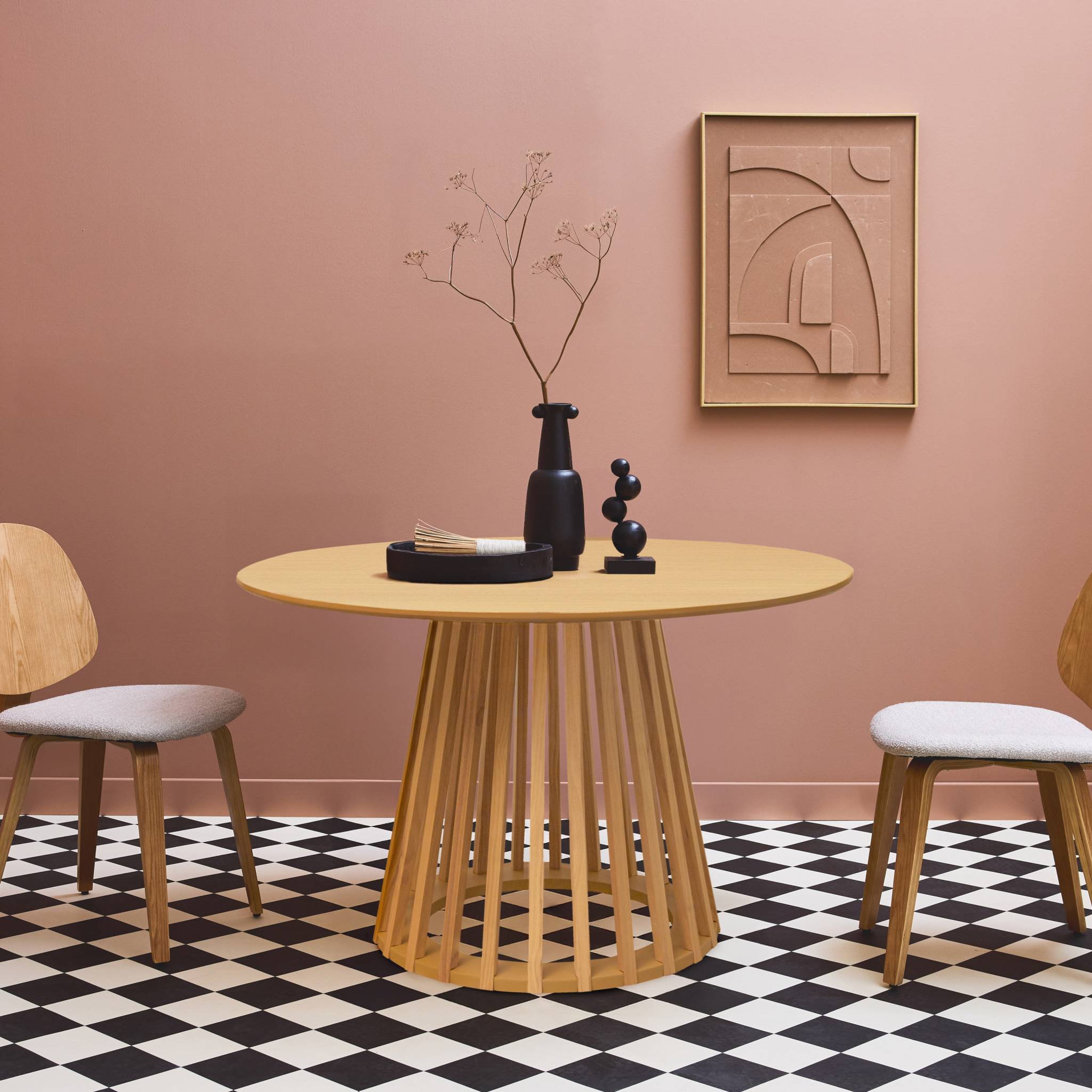 Table à manger effet bois chêne pieds bois de sapin 4 places Ø120cm ...