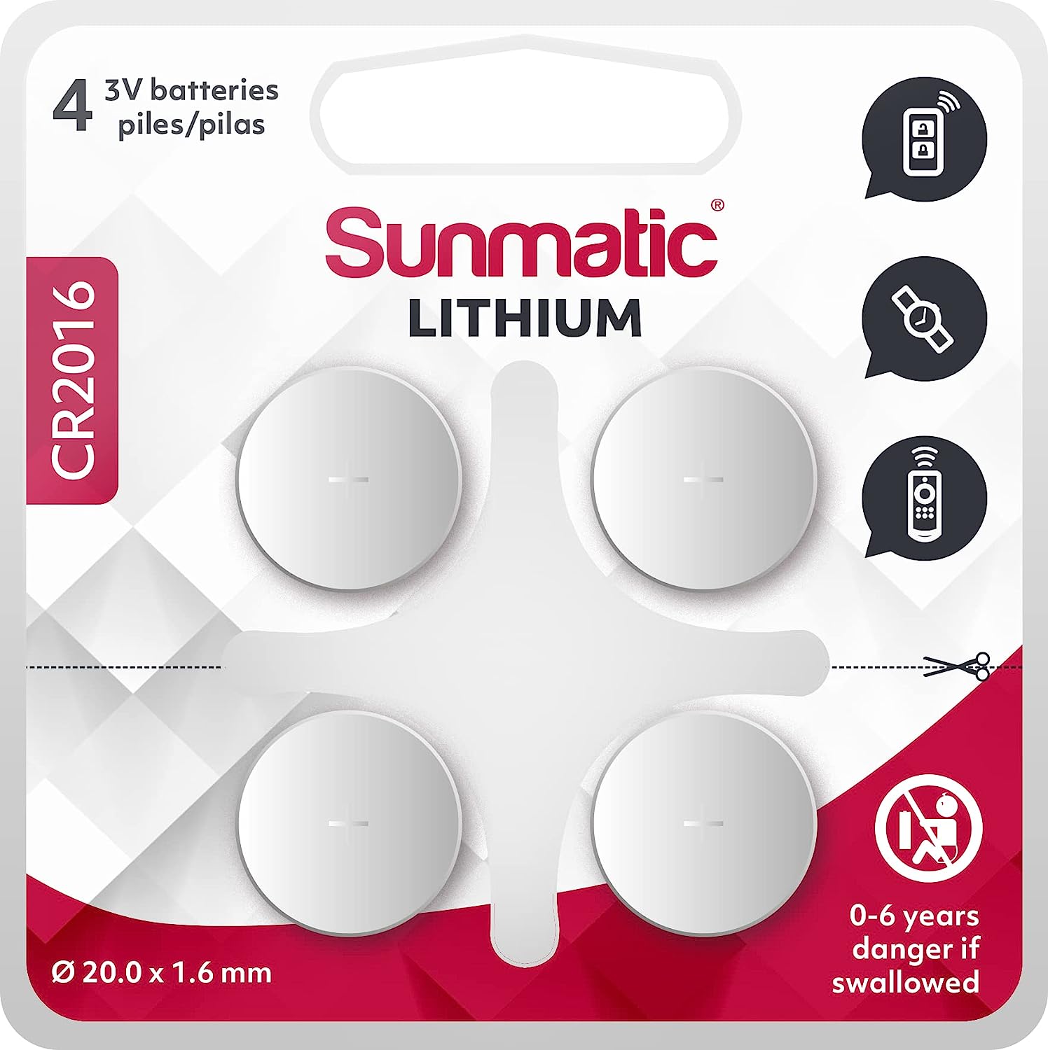 Piles CR2016 - Lot de 4 Piles | Sunmatic | Batteries CR 2016 Lithium 3v ...