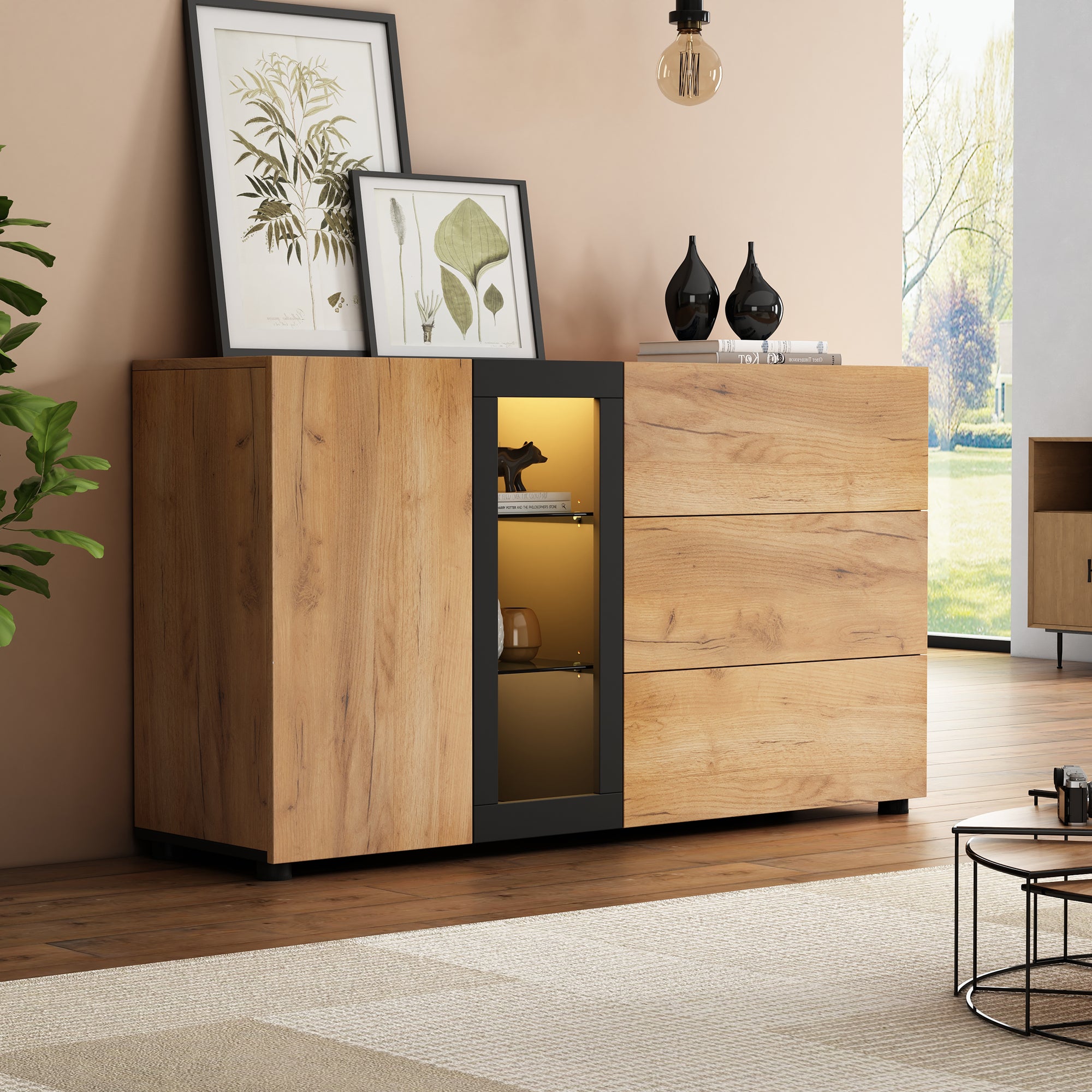 Buffet moderne - avec 3 tiroirs - avec LED - Naturel + Noir | Leroy Merlin