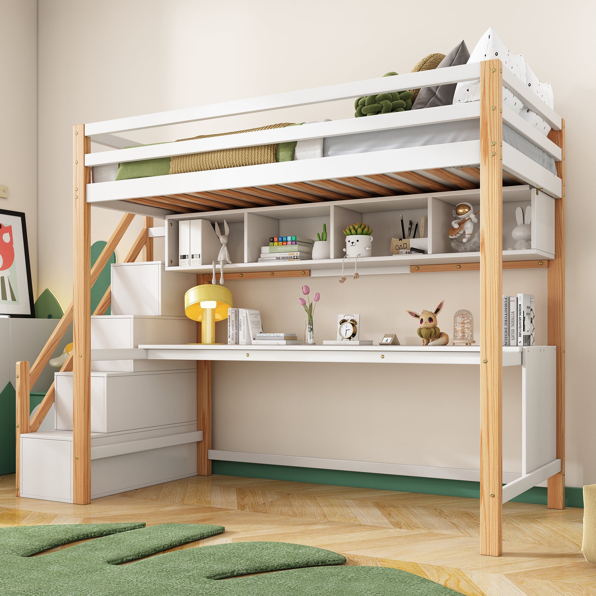 Letto soppalco in legno - 90x200cm - con scala contenitore + scrivania ...