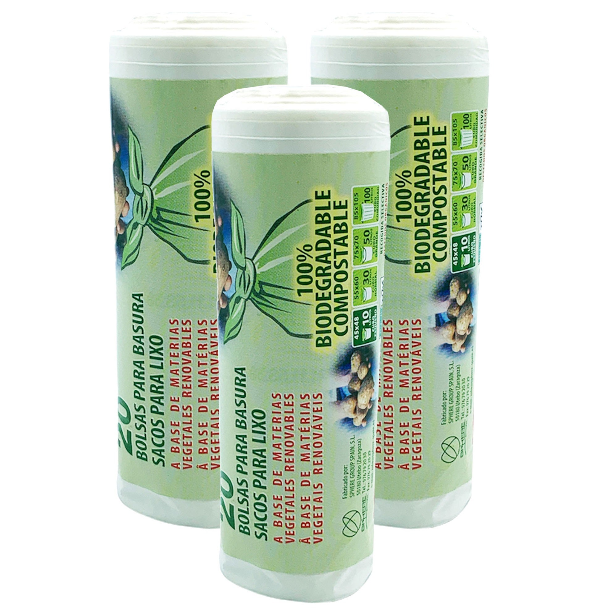 3 rollos de 20 bolsas de basura biodegradable y compostable, 10 L. de ...