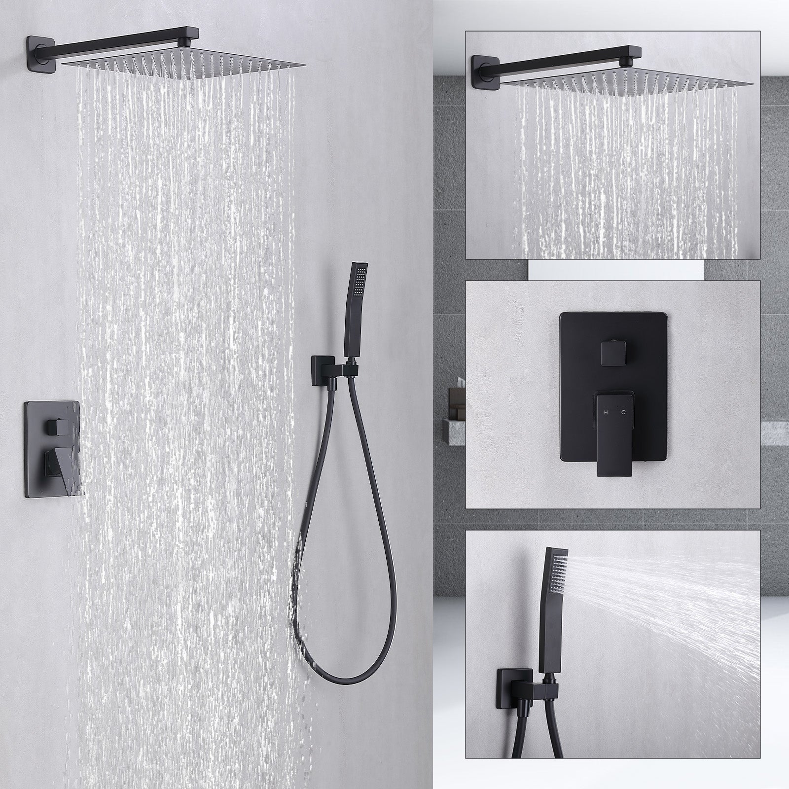 Columna de Ducha Empotrada Negra con Cabezal Cuadrado de 12" y Cuerpo ...