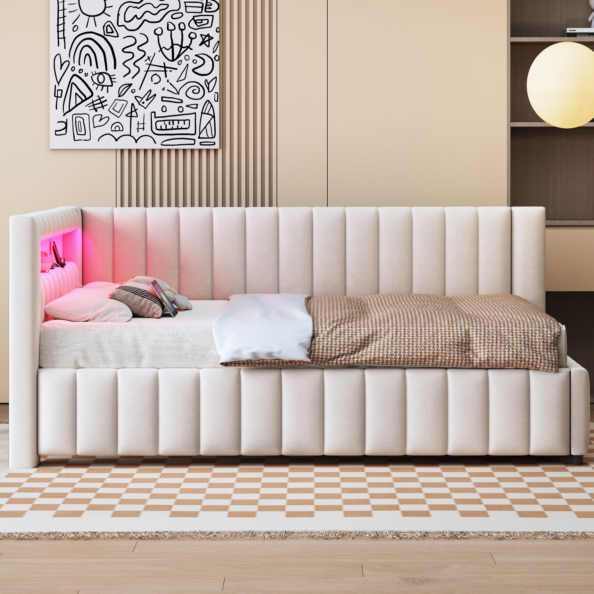 Lit banquette rembourré en velours - 140x200cm - avec éclairage LED et prise USB - Beige ...