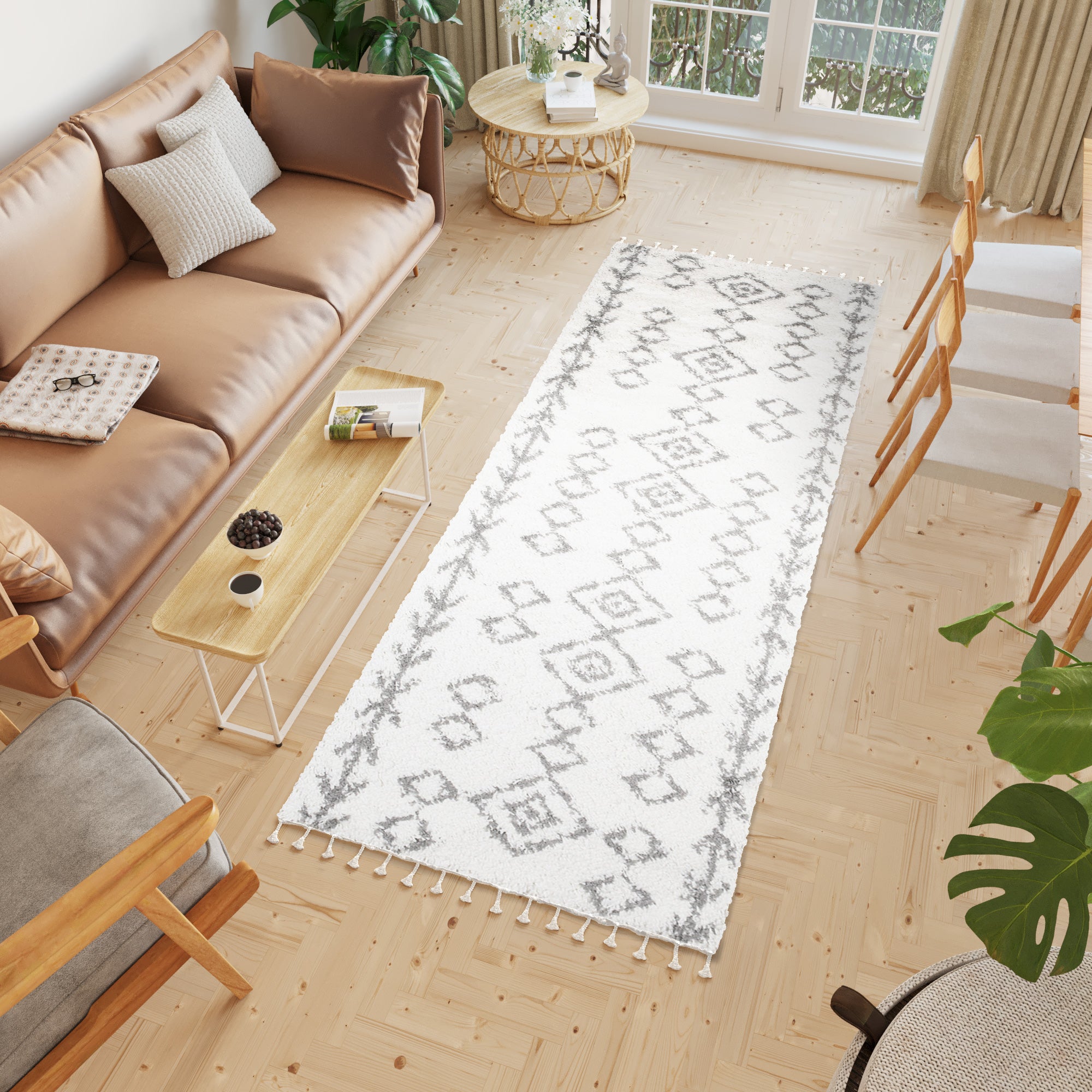 TAPISO Boho Tapis Shaggy Crème Gris Ethno 80x250 | Leroy Merlin