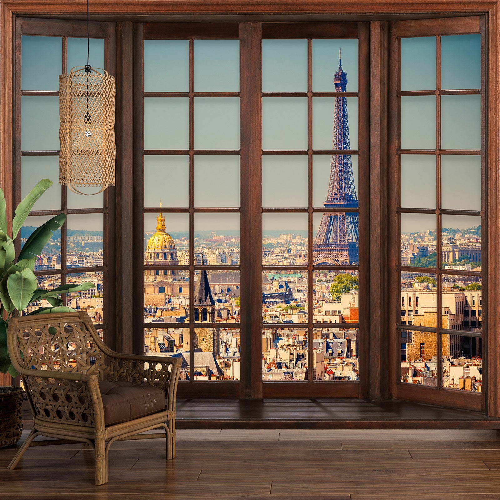 Papel pintado panorámico Trampantojo Ventana de madera - París torre ...