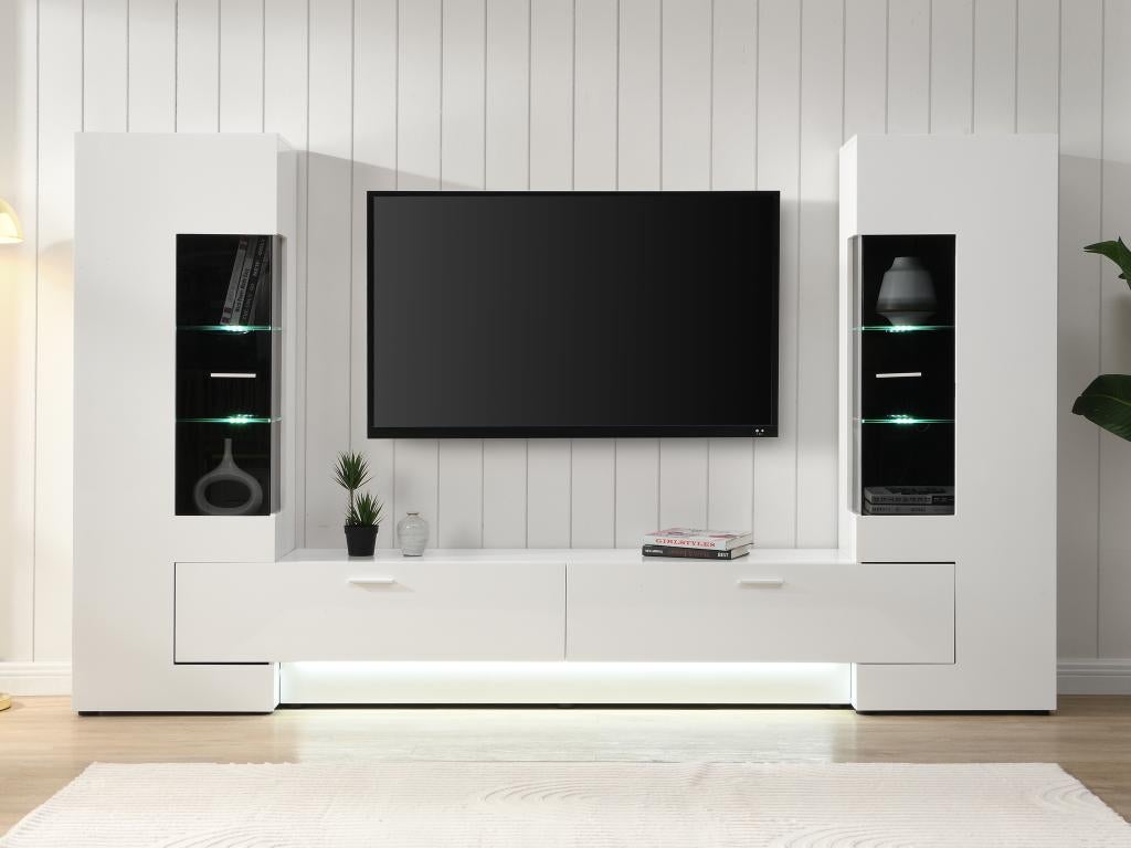 Mur TV avec rangements et LEDs en MDF et verre - Blanc et noir - BANTRY ...