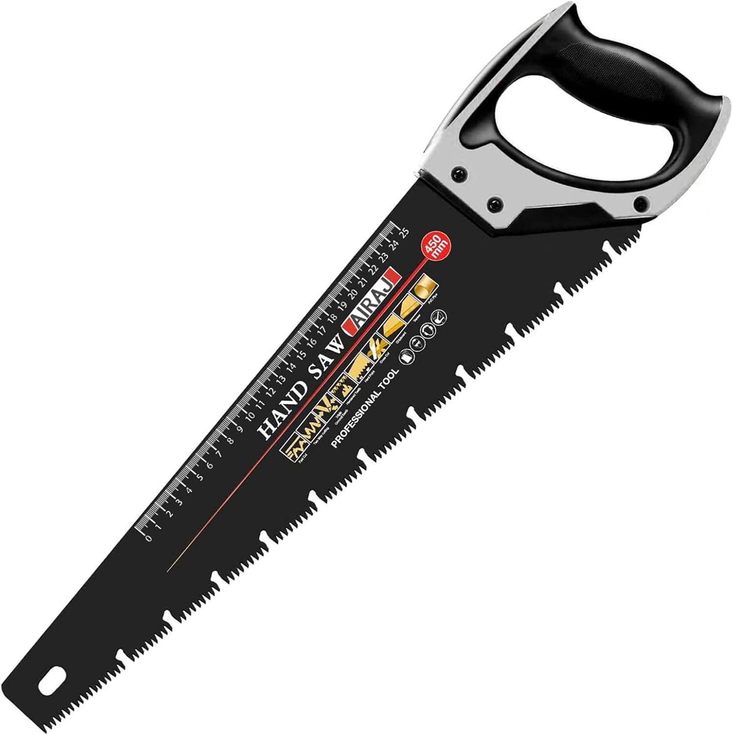 Handsaw 450 mm, steel blade bi-material handle, Ω shaped chip ...