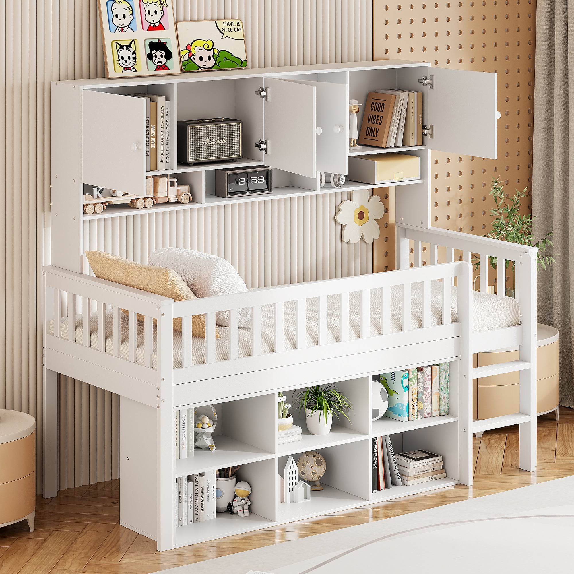Lit enfant Lit simple 90 x 200 cm en bois avec rangement, casiers et ...