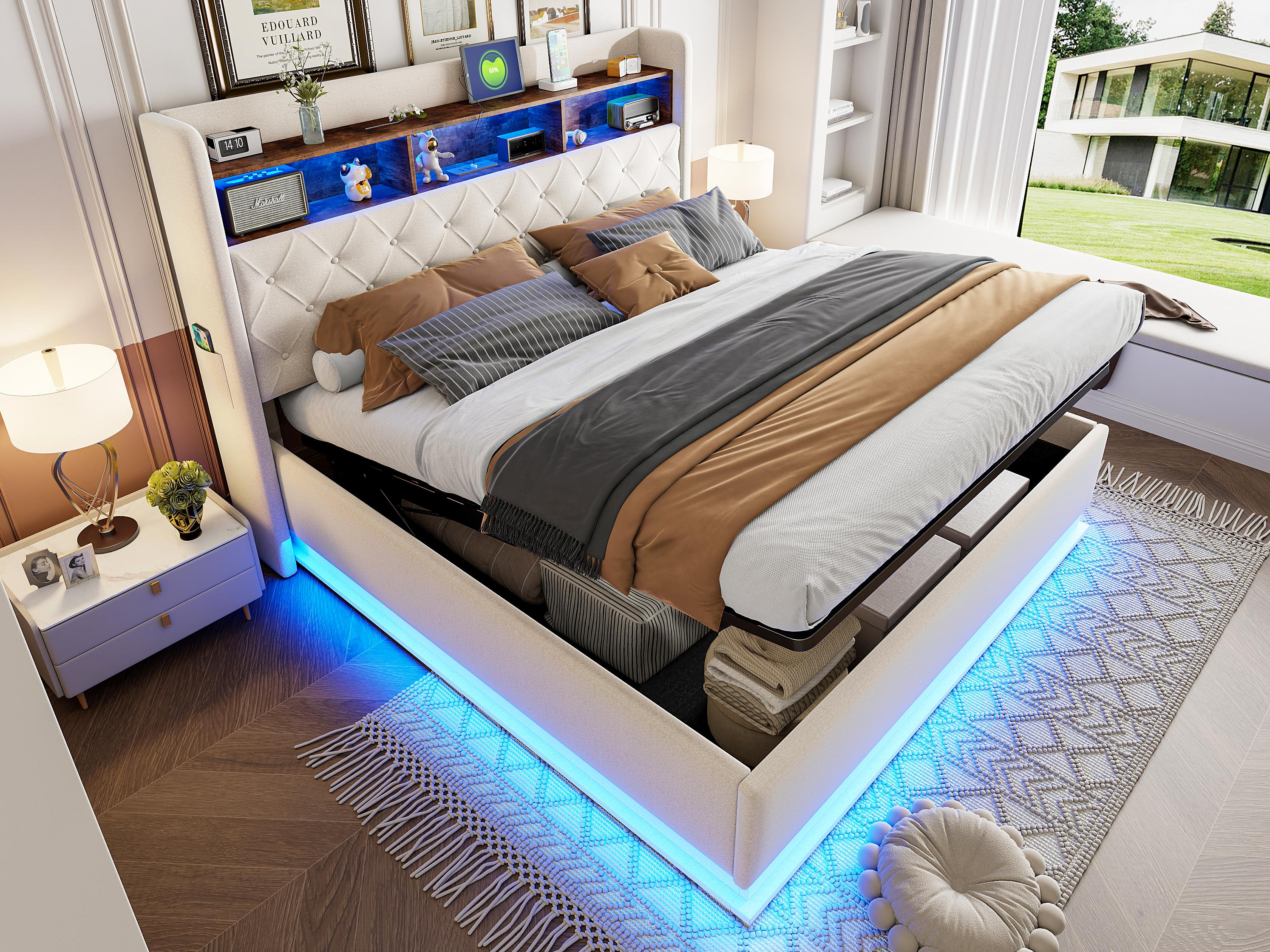 Lit coffre 180x200 cm en lin - avec LED et prises USB - Beige | Leroy ...