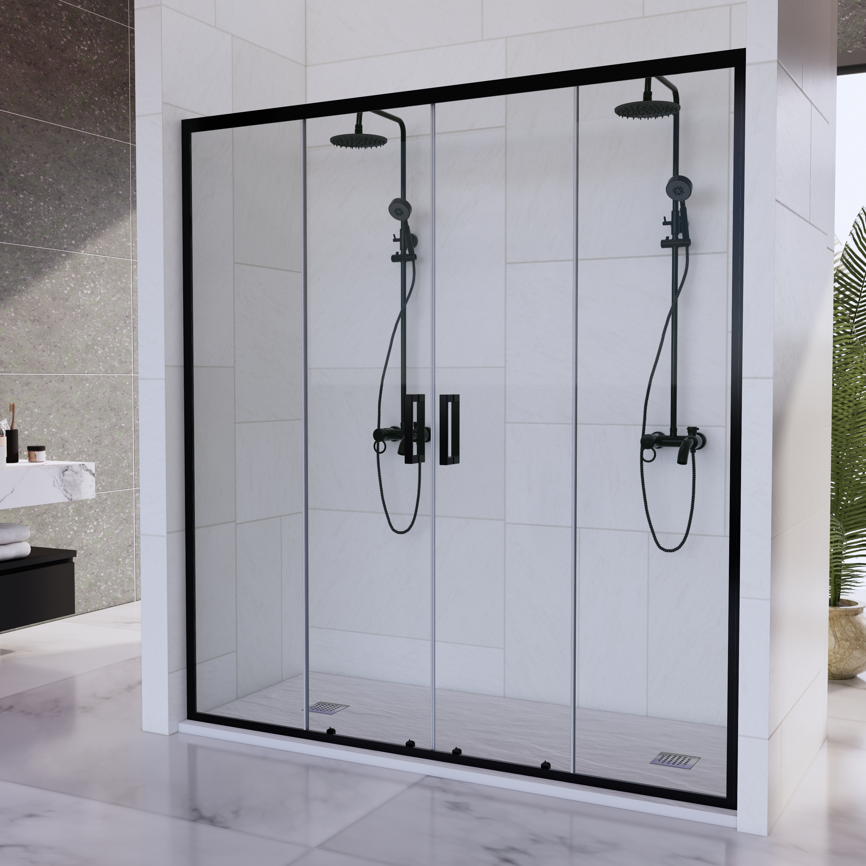 Mampara ducha frontal 185cm corredera-2 puertas + 2 fijos-Perfil Inferior Negro Mate-Cristal ...