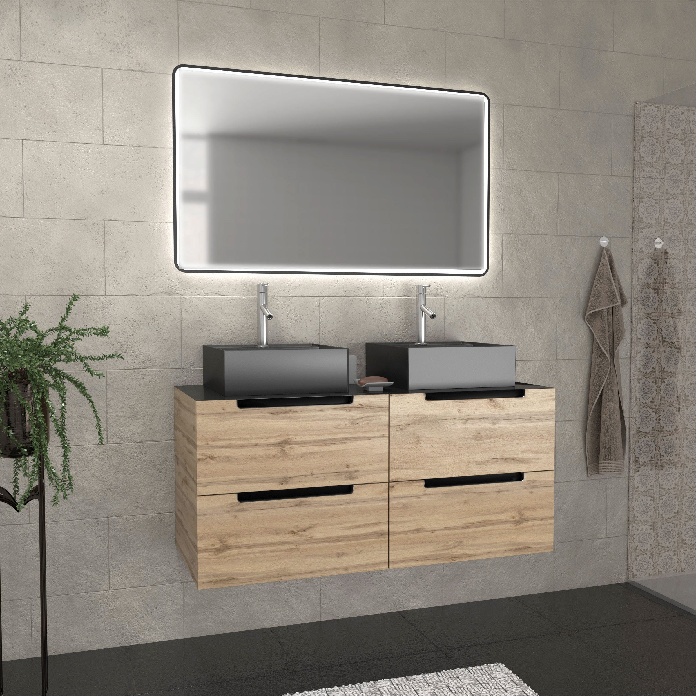 Mueble baño 120cm Roble y negro-Lavabos cuadrados-Espejo Black Led ...