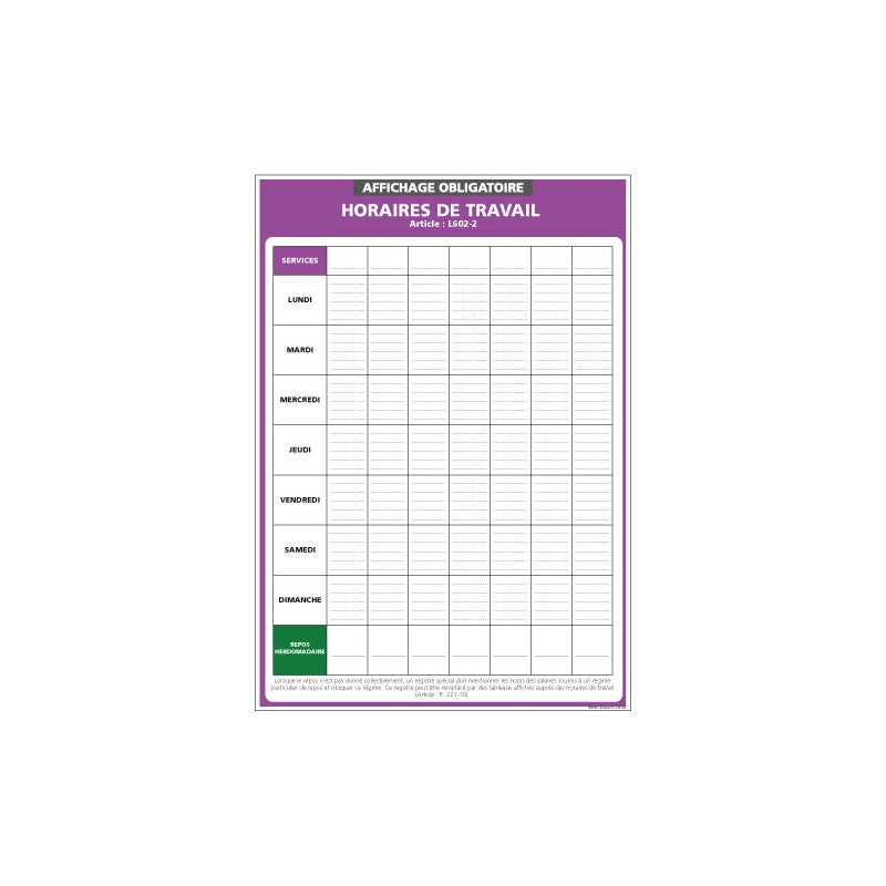 Panneau affichage obligatoire Horaires de travail (A0521) 450 x 630 mm ...