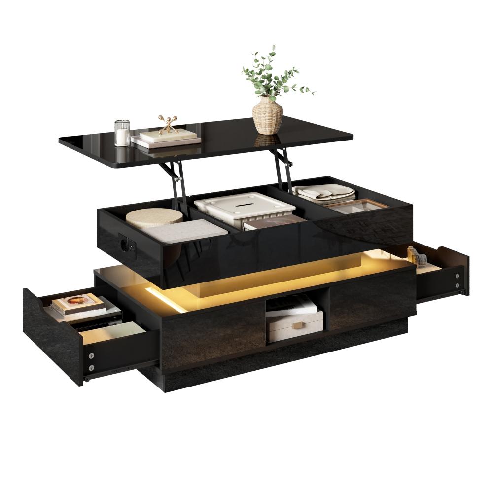 Table basse laquée blanc, hauteur réglable, LED, prise, rangements ...