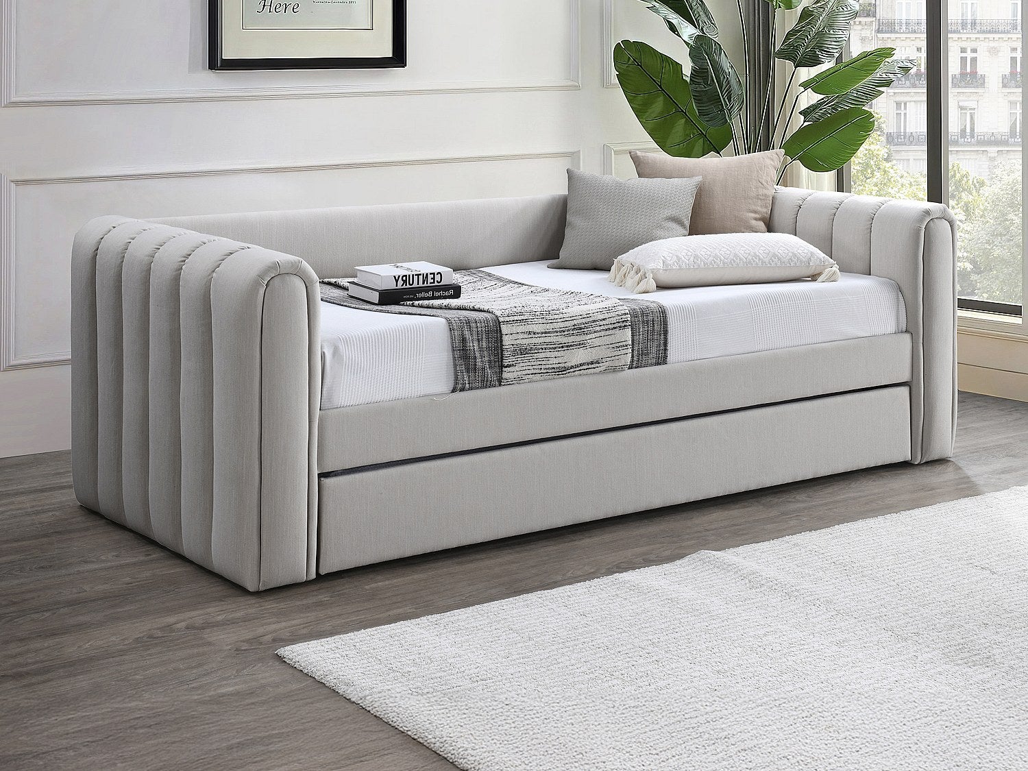 Lit gigogne 90 x 190 cm - Tissu - Beige - SAHONA | Leroy Merlin