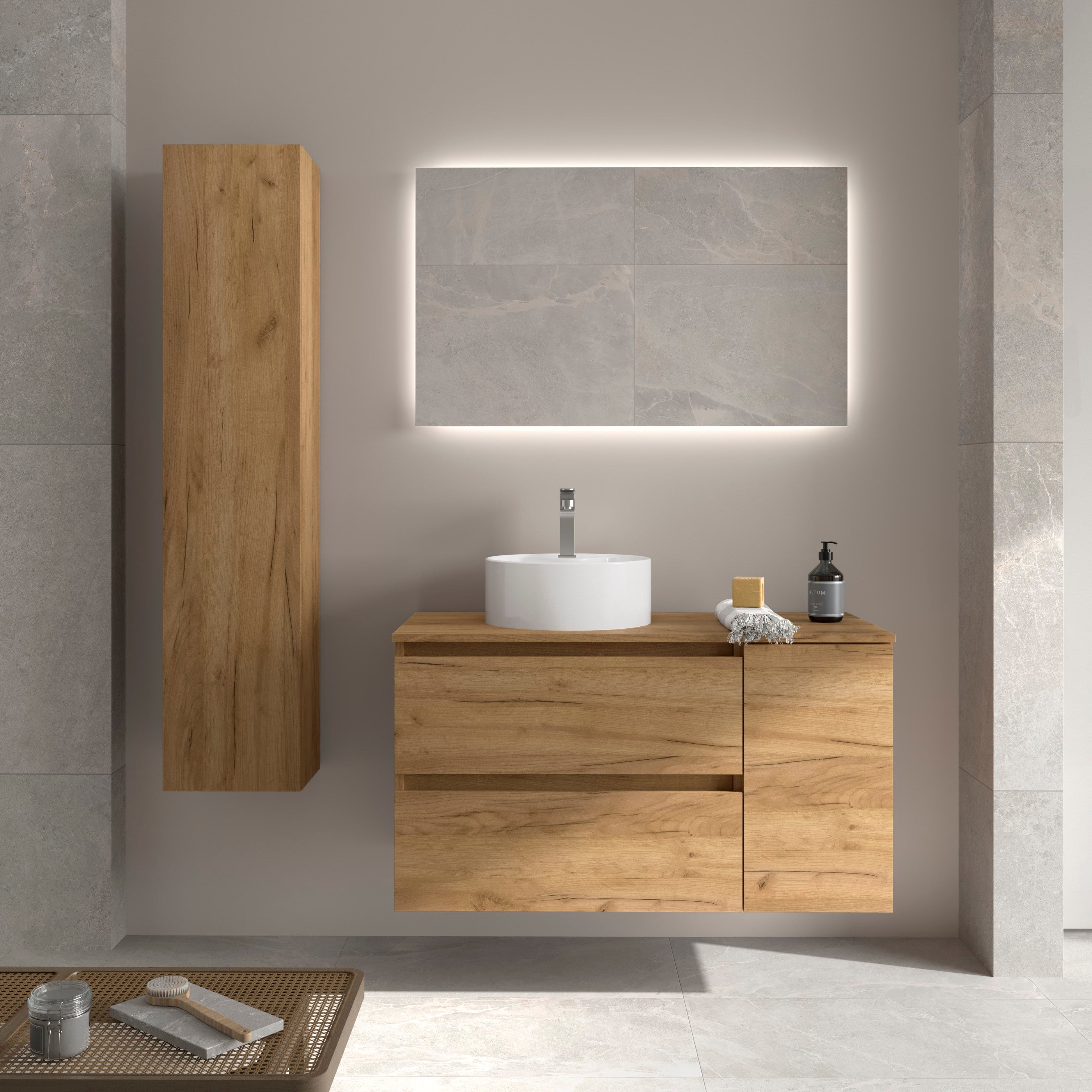 Meuble de salle de bain BEQUIA Plus 100cm Chêne | Vasque à poser ...