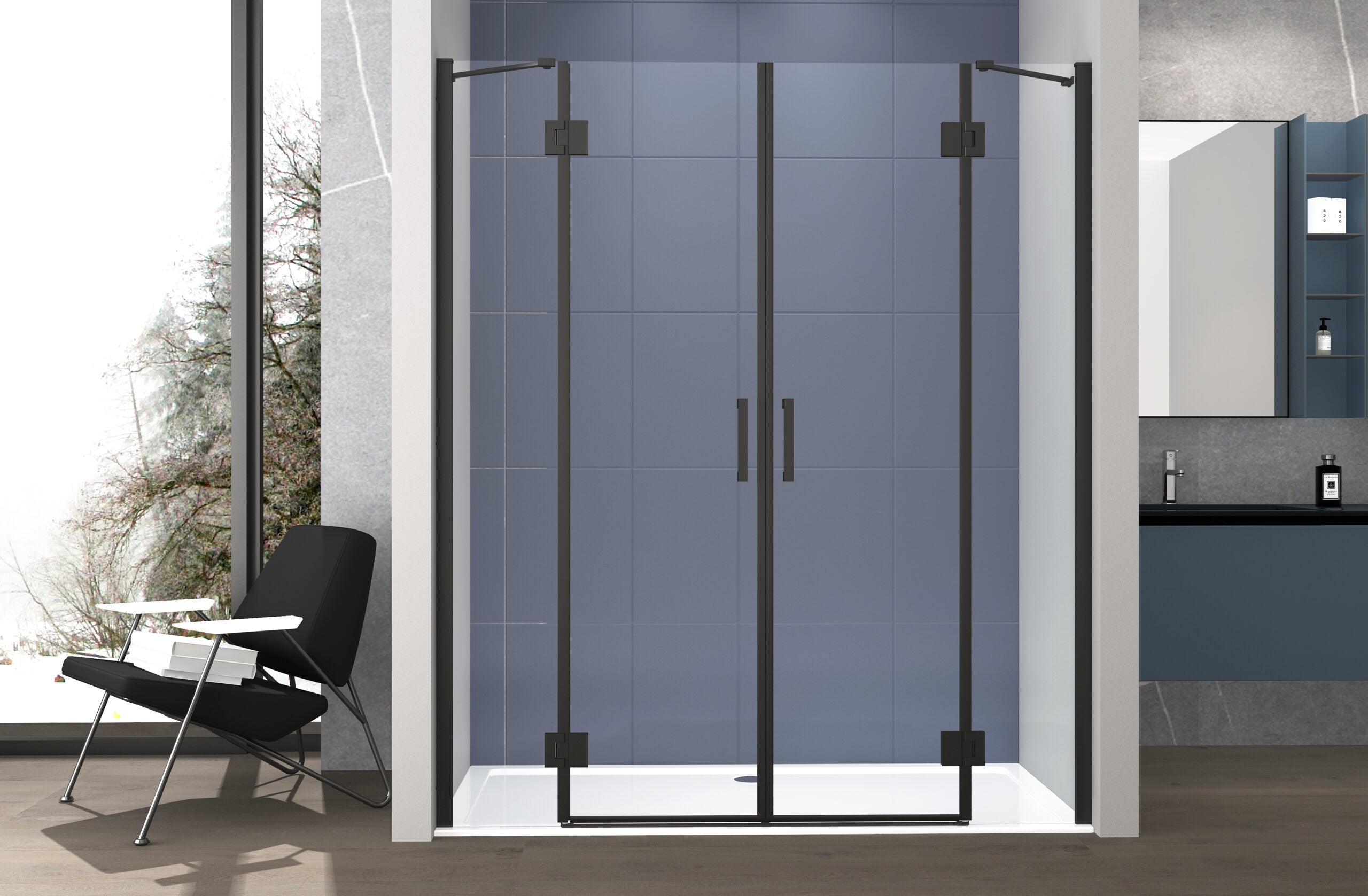 Nicho de ducha 240 cm Salón DOBLE BISAGRA Cristal templado 6mm NEGRO ...