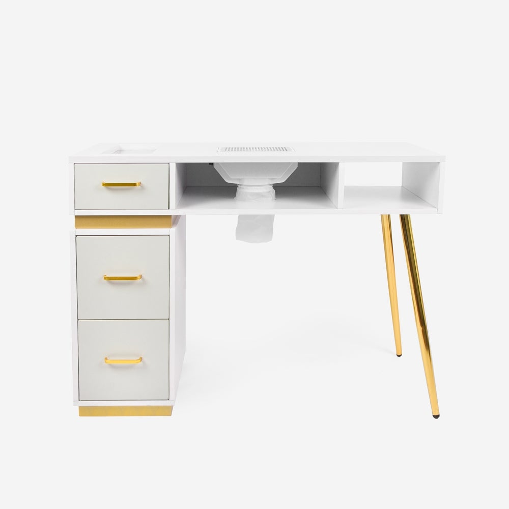 Mesa de manicura blanca con extractor 3 cajones y patas doradas Skait ...