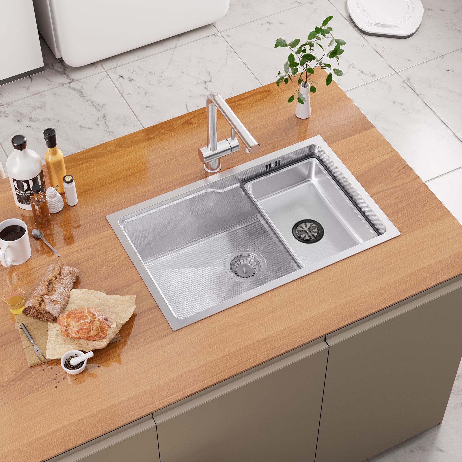 Auralum max Évier Cuisine 1 Bac 68×43×21CM Argent Évier à Encastrer ...