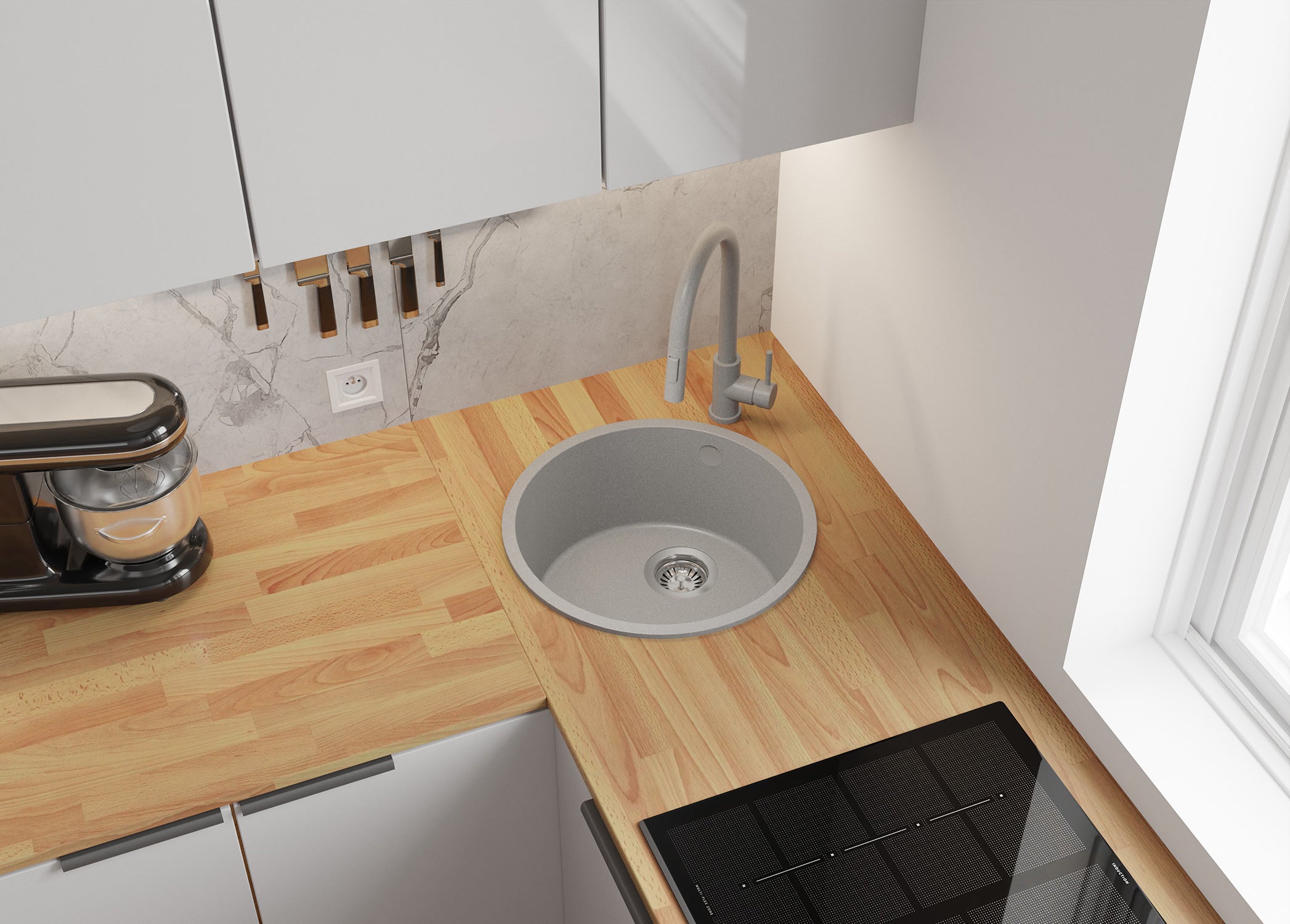 PRIMAGRAN Fregadero Cocina Circular Gris 46x46cm, Fregadero Granito 1 ...