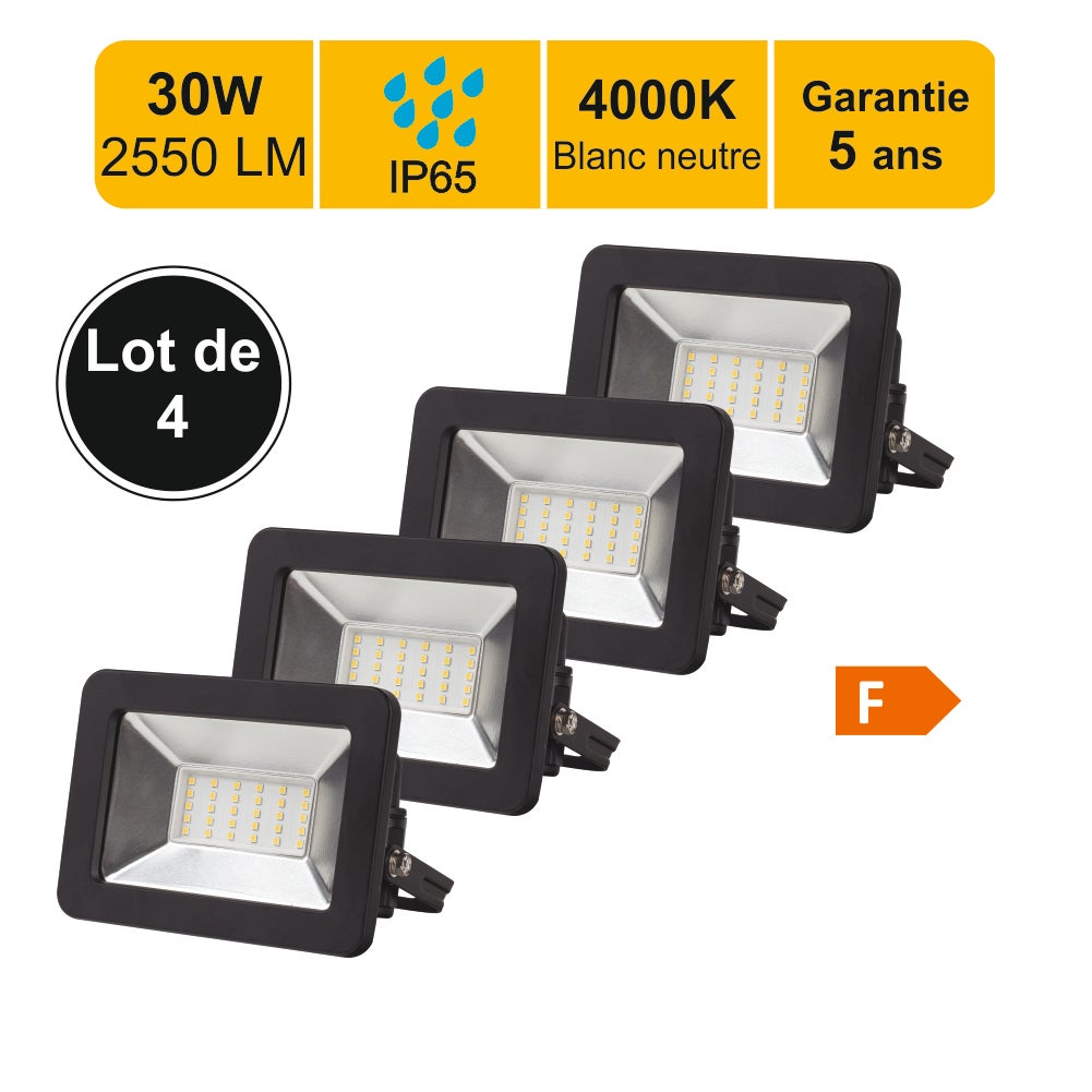 Lot de 4 projecteurs LED 30W 2550 LM 4000K IP65 connexion en direct ...