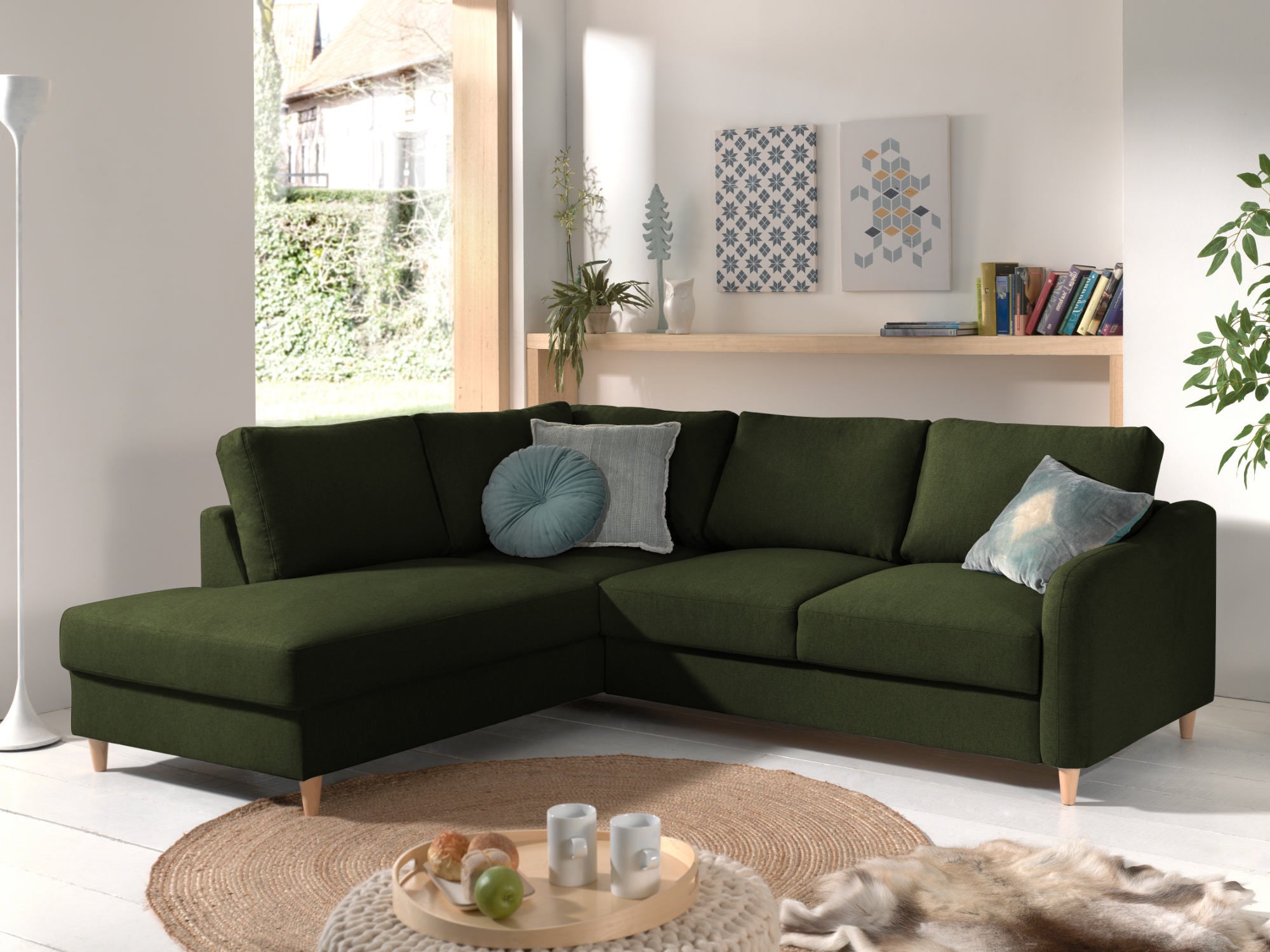 Canapé d'angle gauche convertible 5 places en tissu toucher cachemire vert | Leroy Merlin